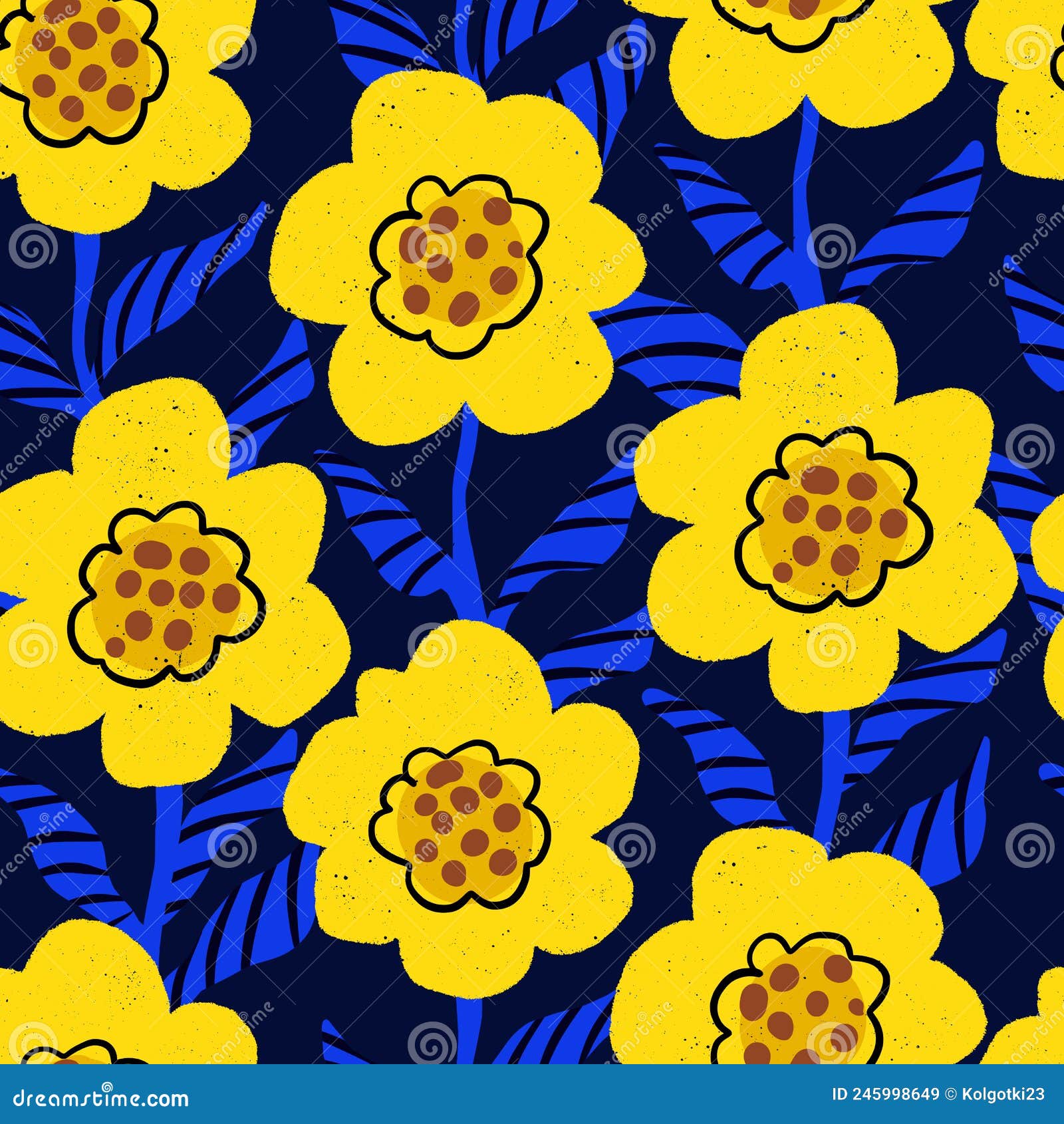 Seamless Pattern with Blue and Yellow Simply Flowers. Vector. Stock ...