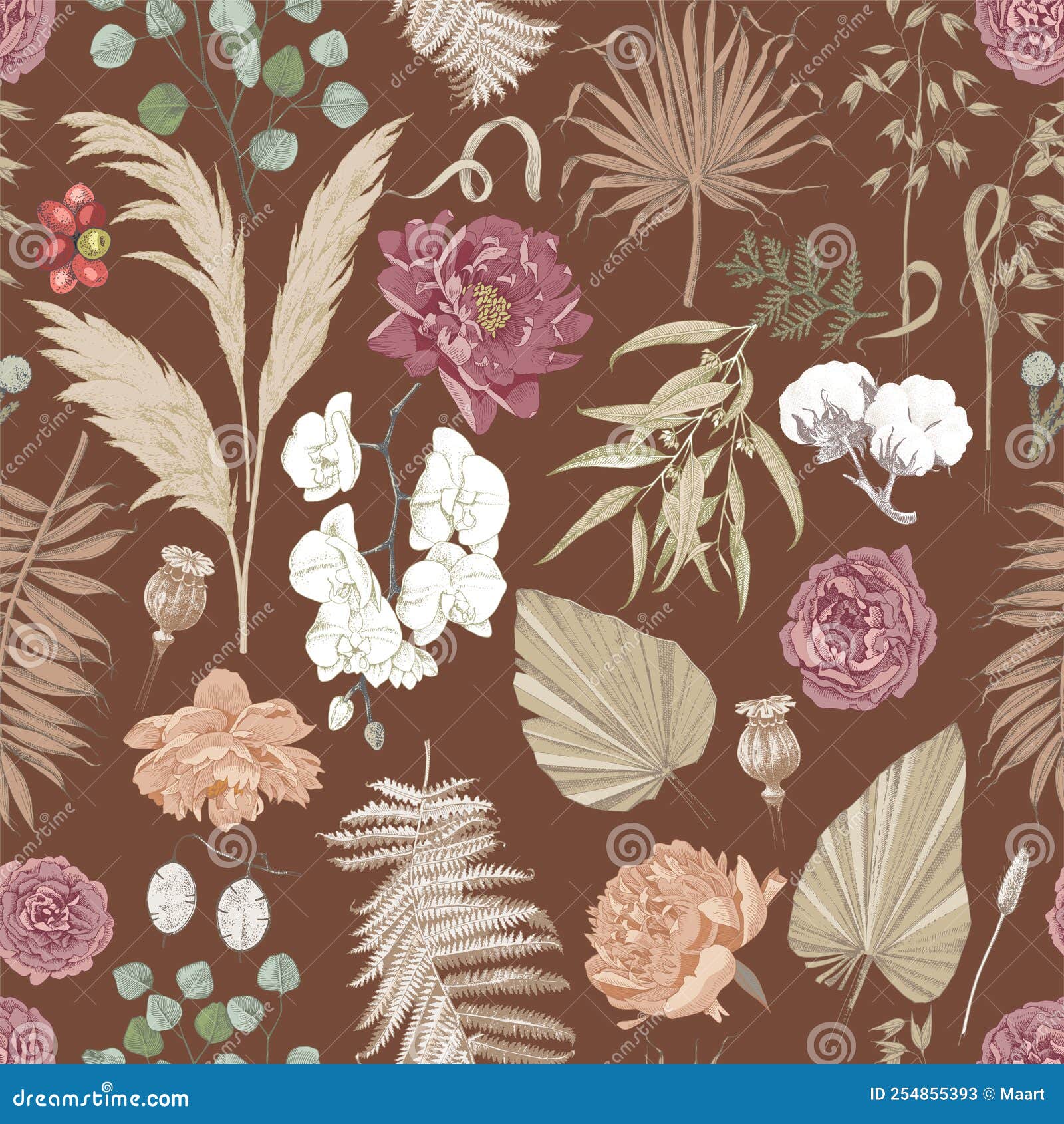Seamless Pattern with Boho Dried Flowers Stock Vector - Illustration of ...