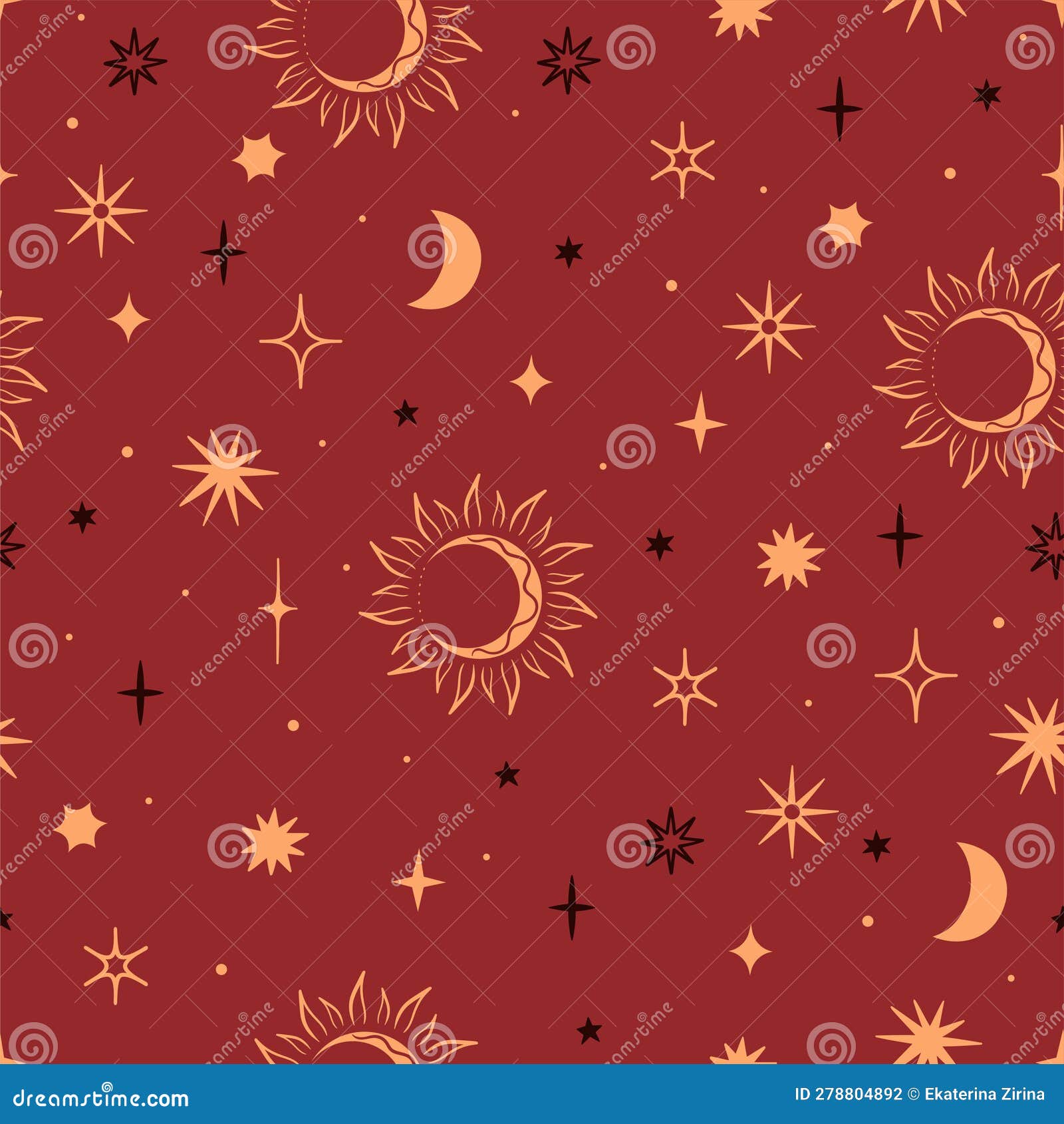 Seamless Pattern in Boho Style with Stars and Moons on a Red Background ...