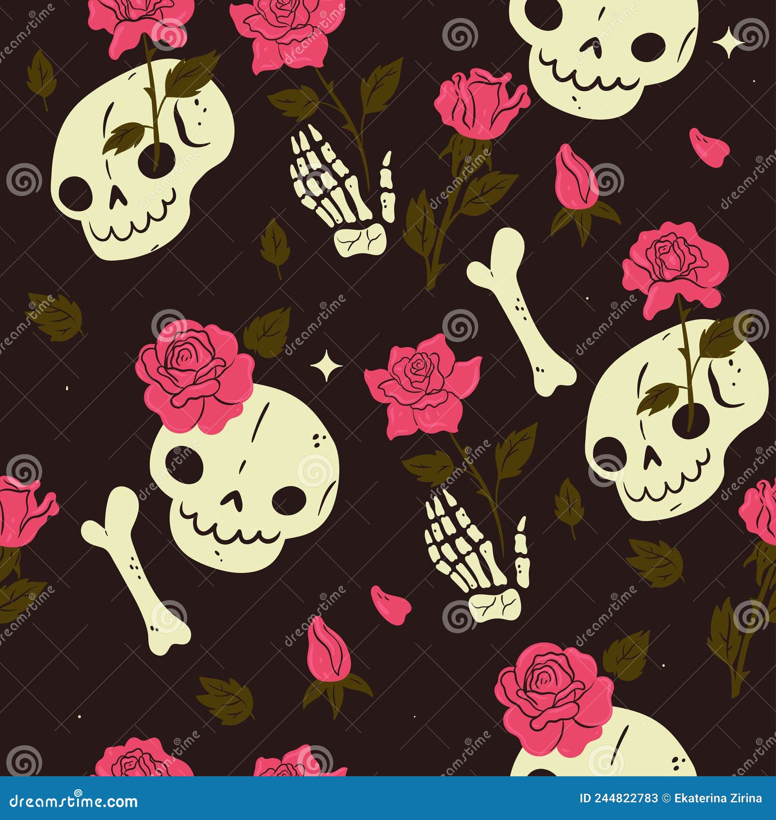 Seamless Pattern with Bones and Roses. Vector Graphics Stock Vector ...