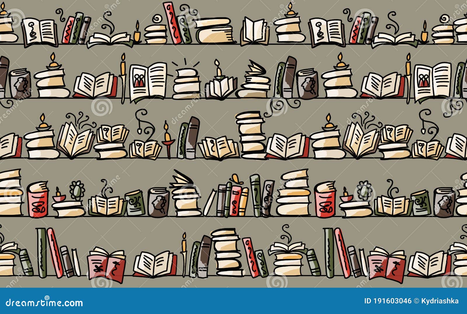 Seamless Pattern with Books on Bookshelves, Sketch Design Stock Vector ...