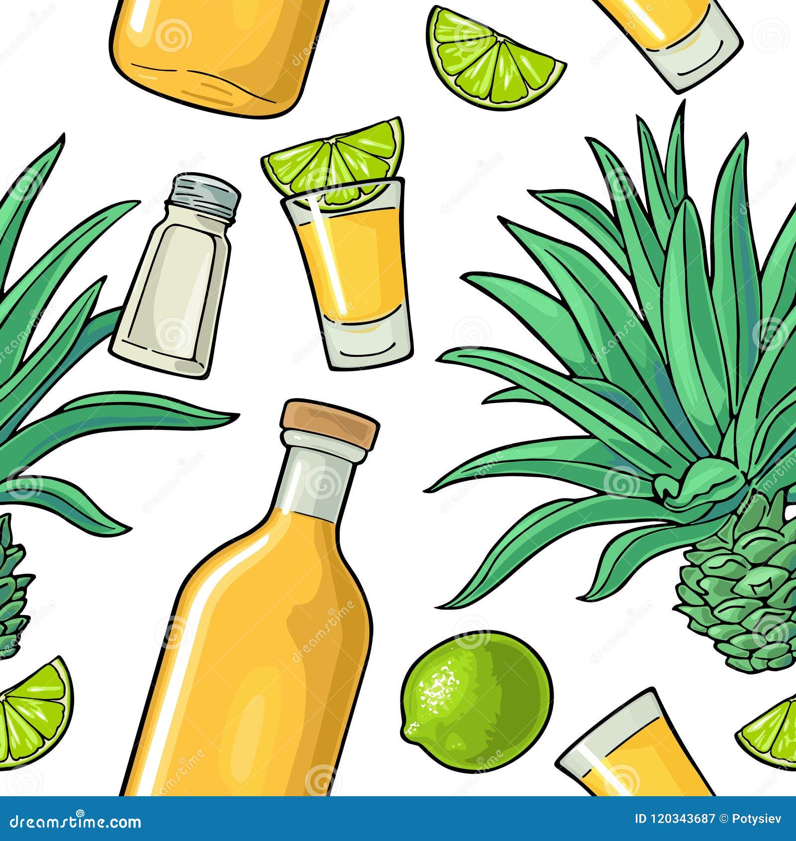 Seamless Pattern Of Bottle Glass Tequila Salt Cactus And Lime Stock Vector Illustration Of