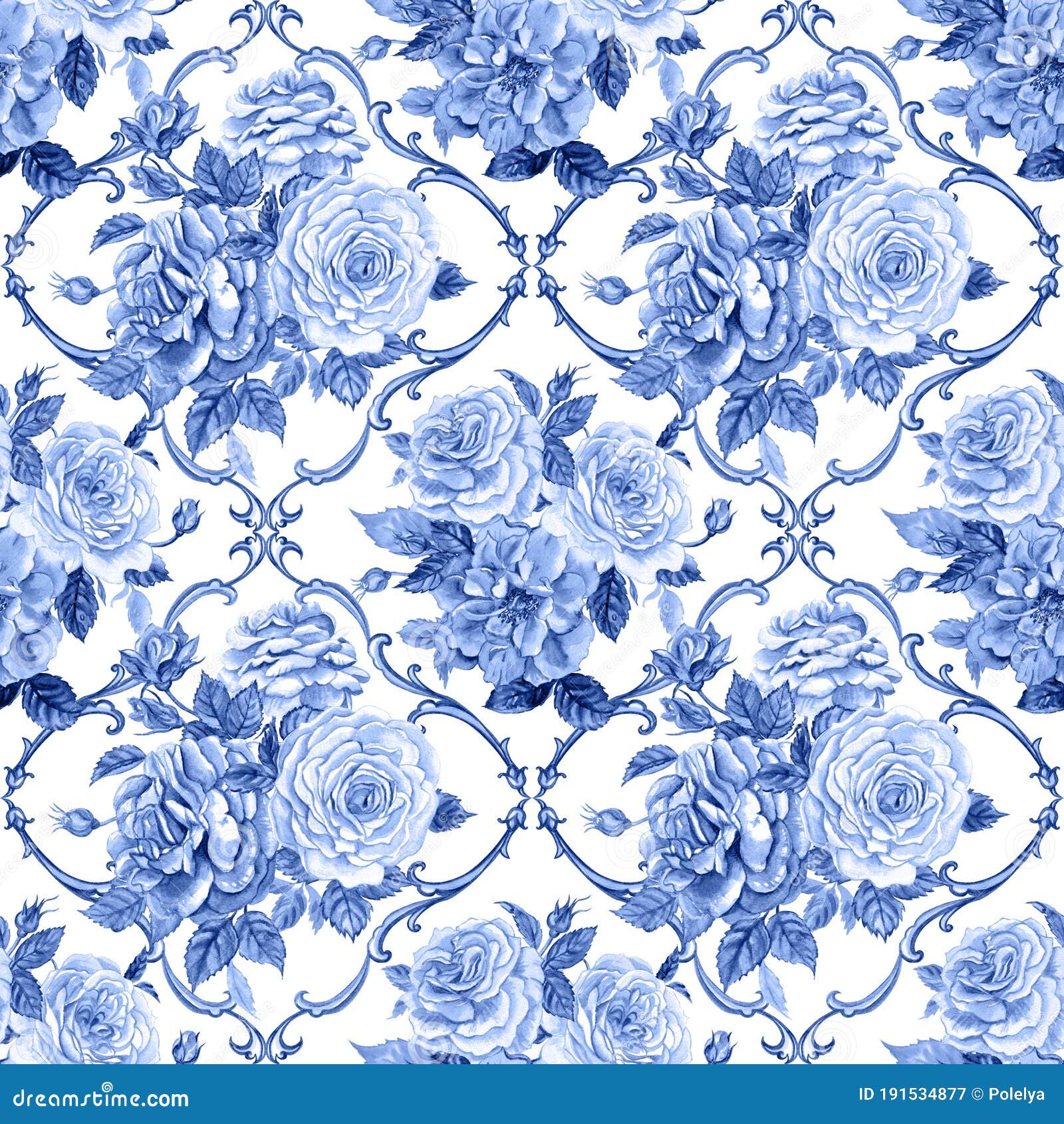 Seamless Pattern of Bouquets of Roses and Baroque Pattern in Blue Tones ...