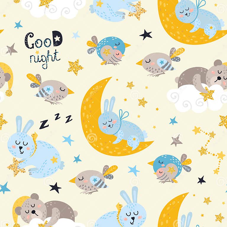 Seamless Pattern for Boys with Sleeping Animals Stock Vector ...