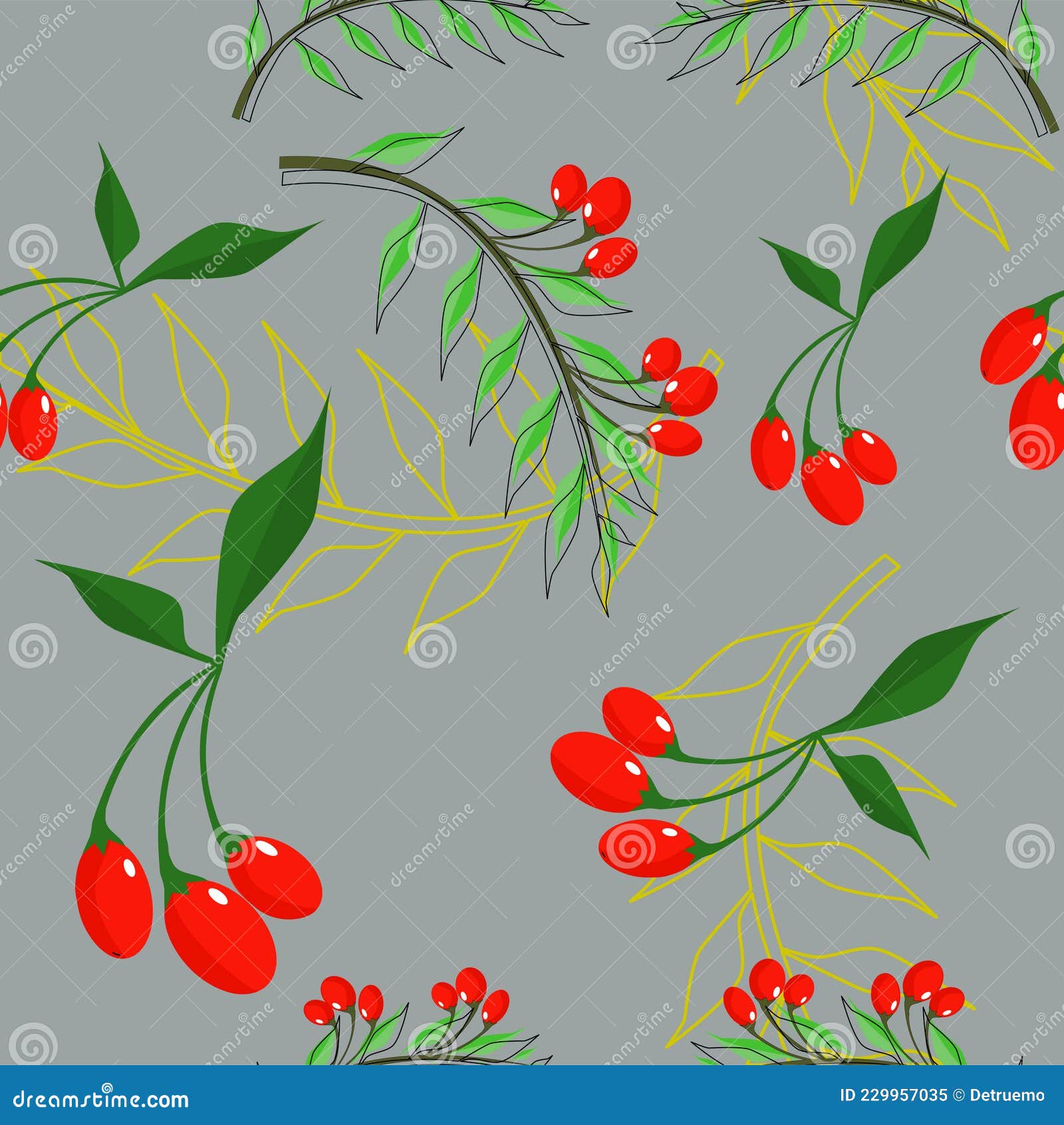 Seamless Pattern. a Branch of Goji Berries with Leaves. Stylized Multi ...