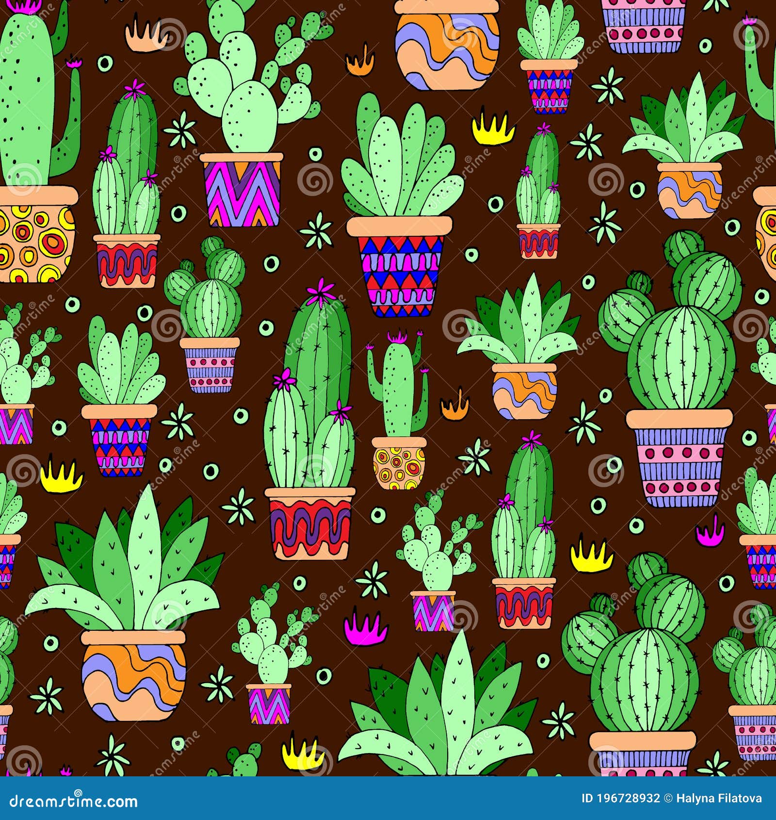 1599 Cactus Pattern, Seamless Pattern in Bright Colors, Cacti in Pots ...