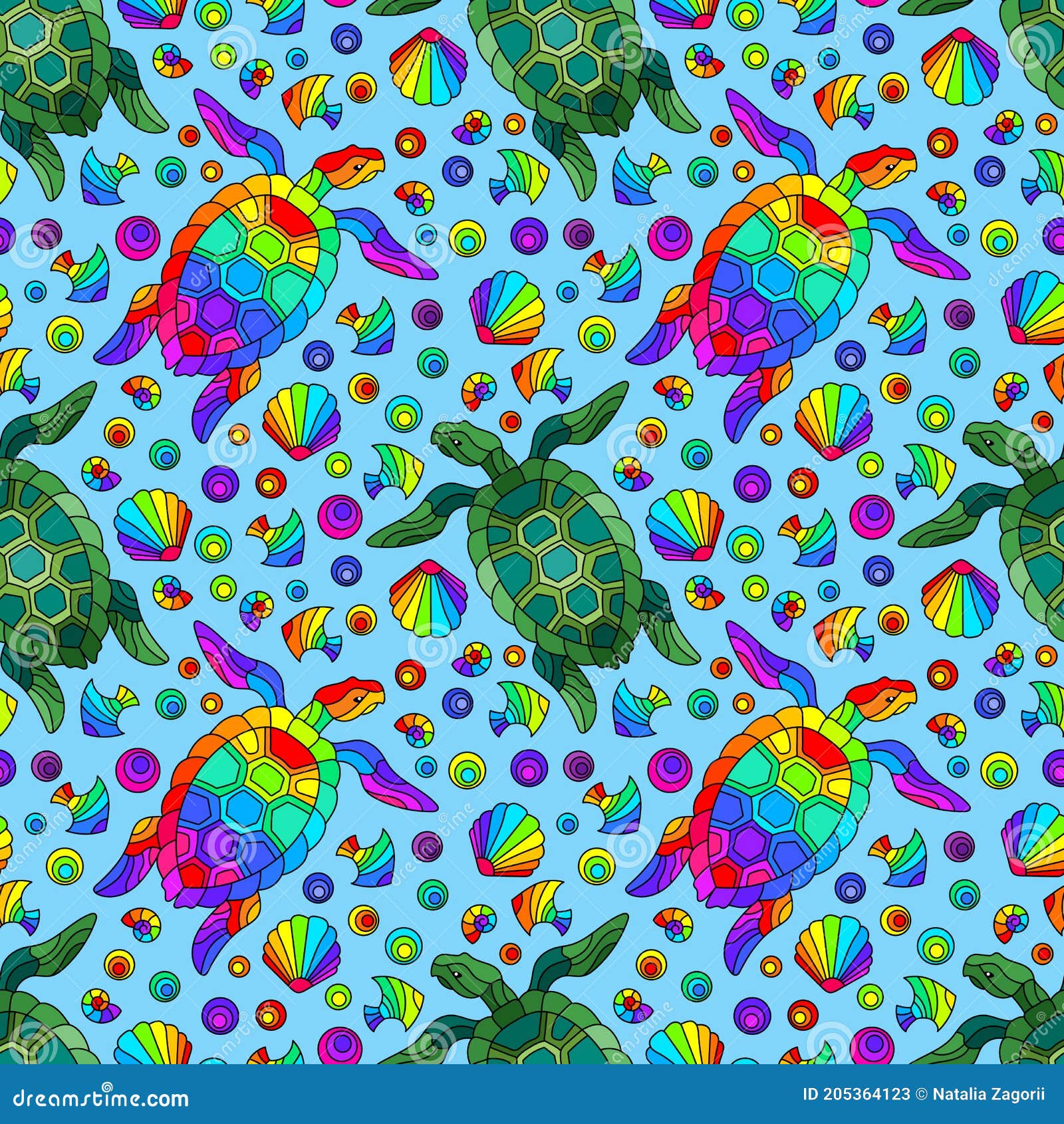 Seamless Illustration with Bright Geometric Turtles and Seashells ...