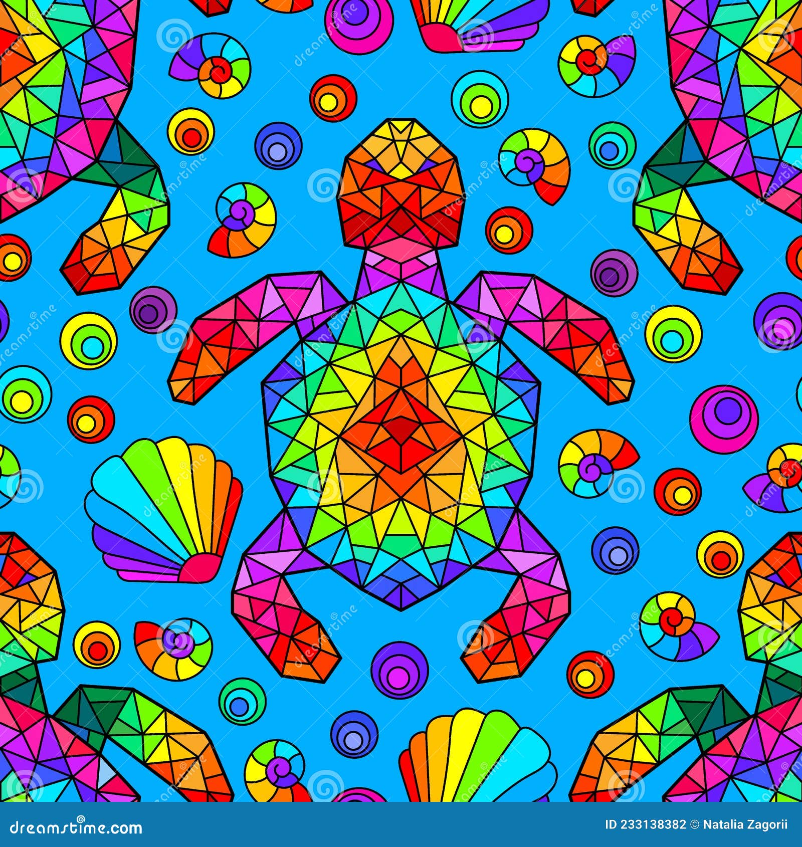 Seamless Illustration with Bright Geometric Turtles and Seashells ...