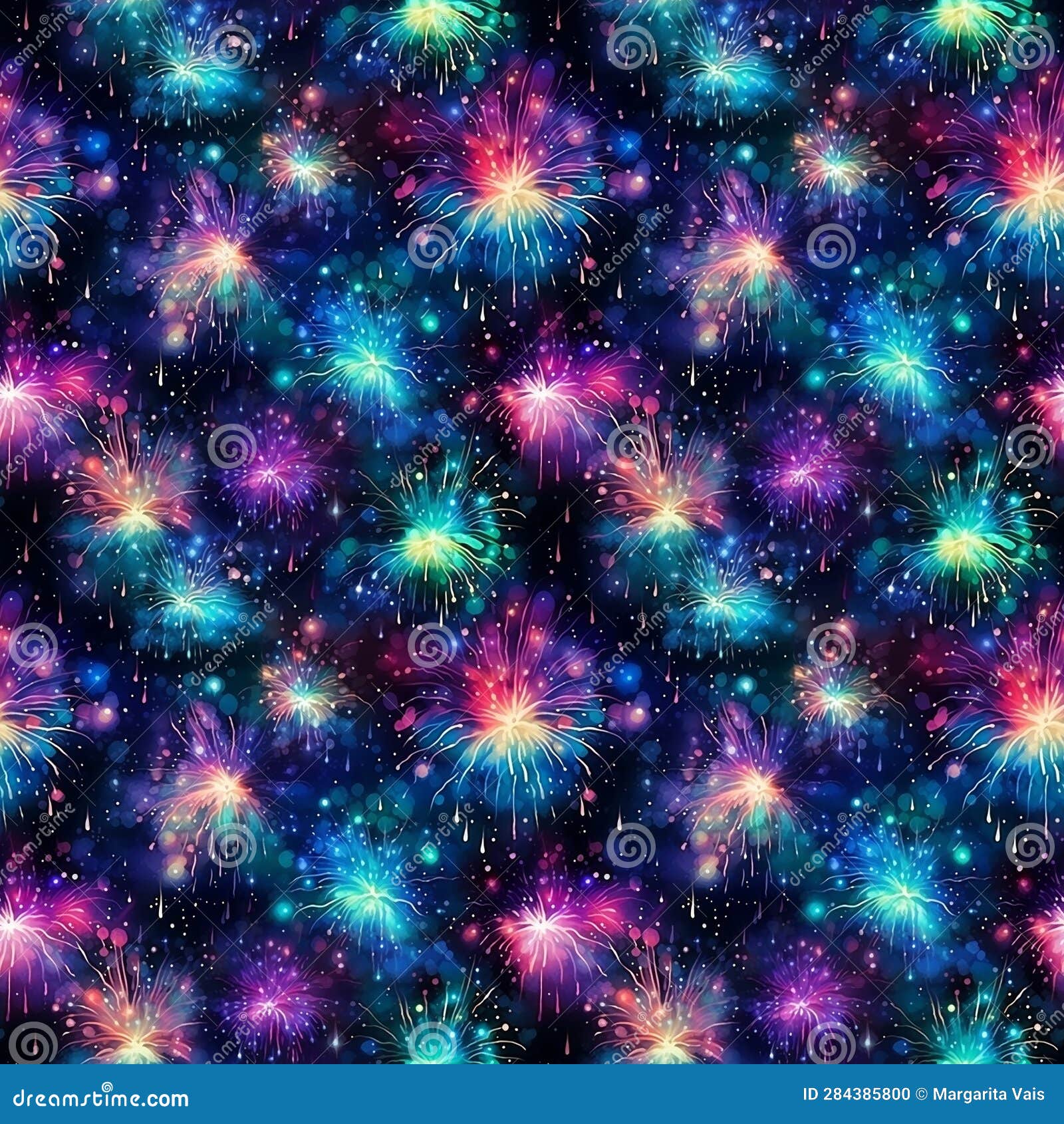 Seamless Pattern of Bright Multi-colored Fireworks Lights on a Dark ...