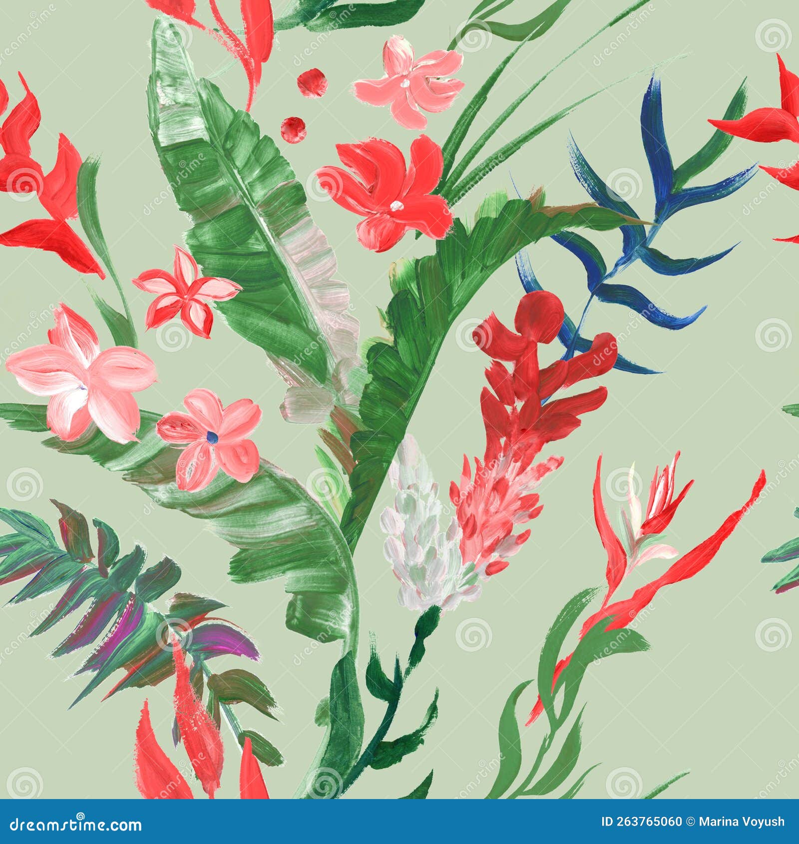 Seamless Pattern with Bright Red Tropical Flowers and Plants Stock ...