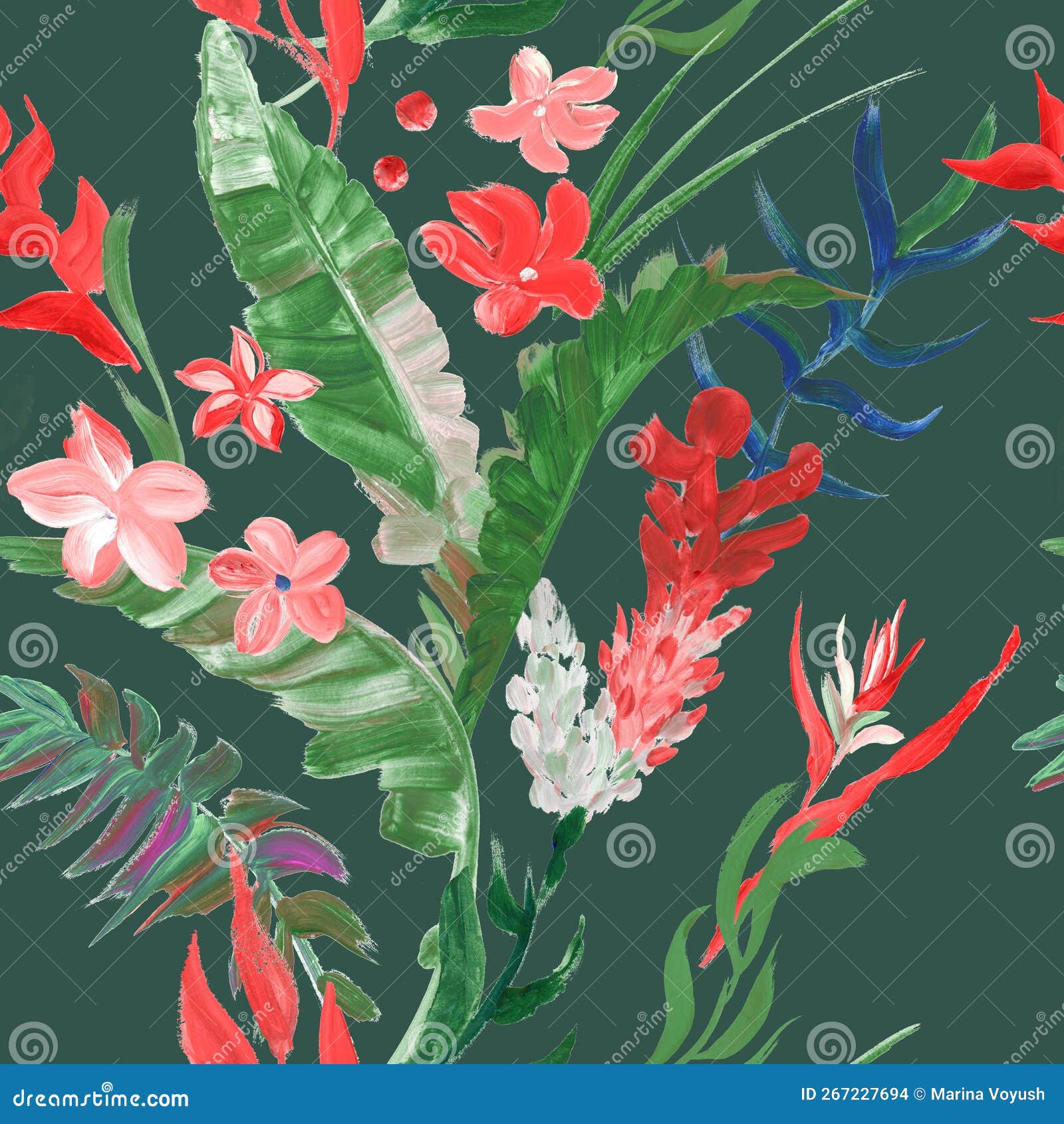 Seamless Pattern with Bright Red Tropical Flowers and Plants Stock ...