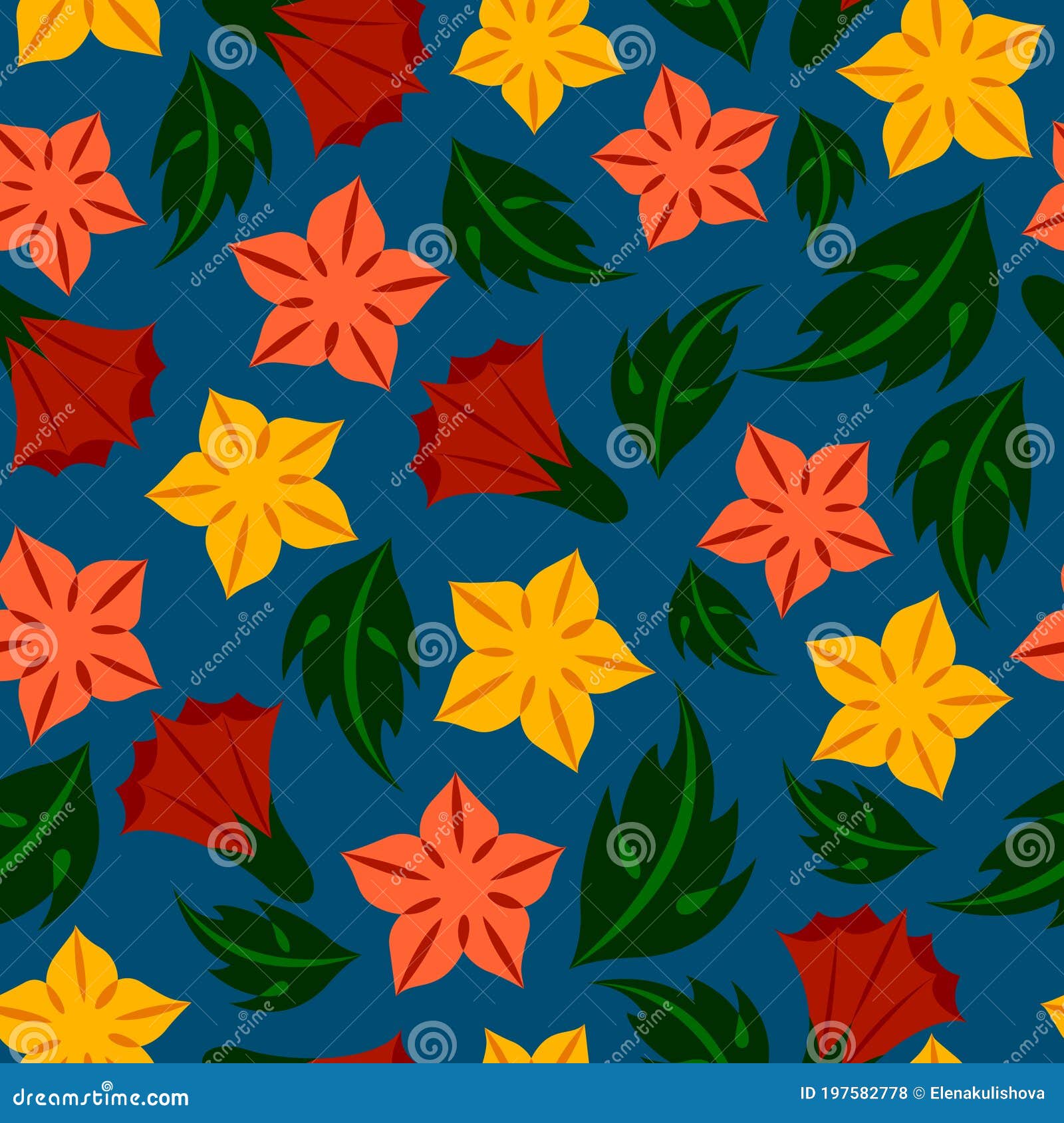 Seamless Pattern of Bright Yellow, Red Stylized Dope Flowers with ...