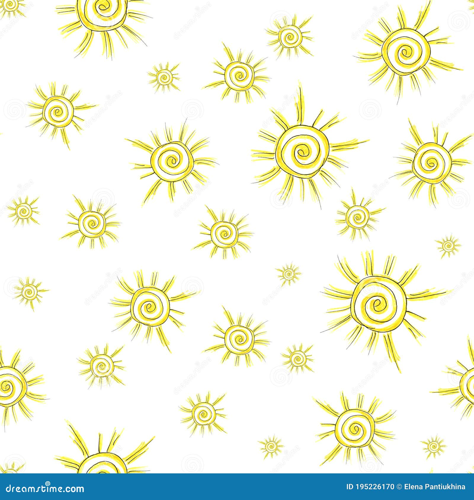 Seamless Pattern. Bright Yellow Sun on a White Background. Doodle Style ...