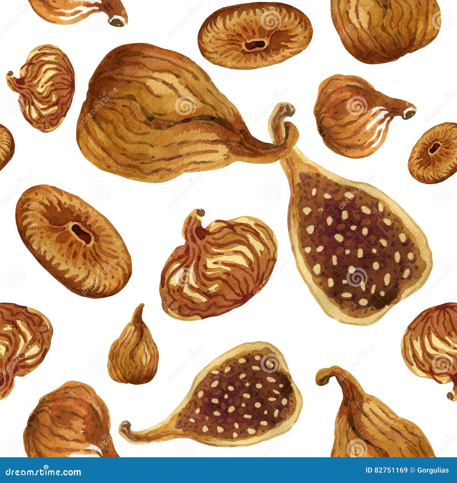 Seamless Pattern of Brown Dried Figs Painted with Watercolour Stock ...