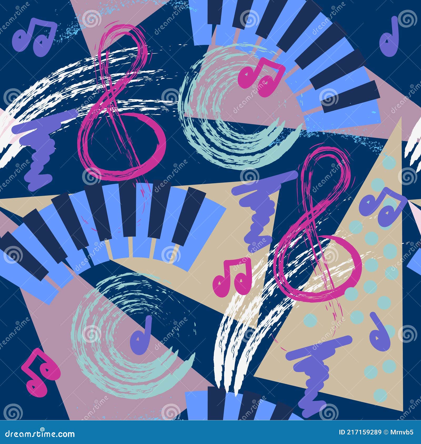 Seamless Pattern with Brush Strokes and Hand-drawn Musical Elements ...