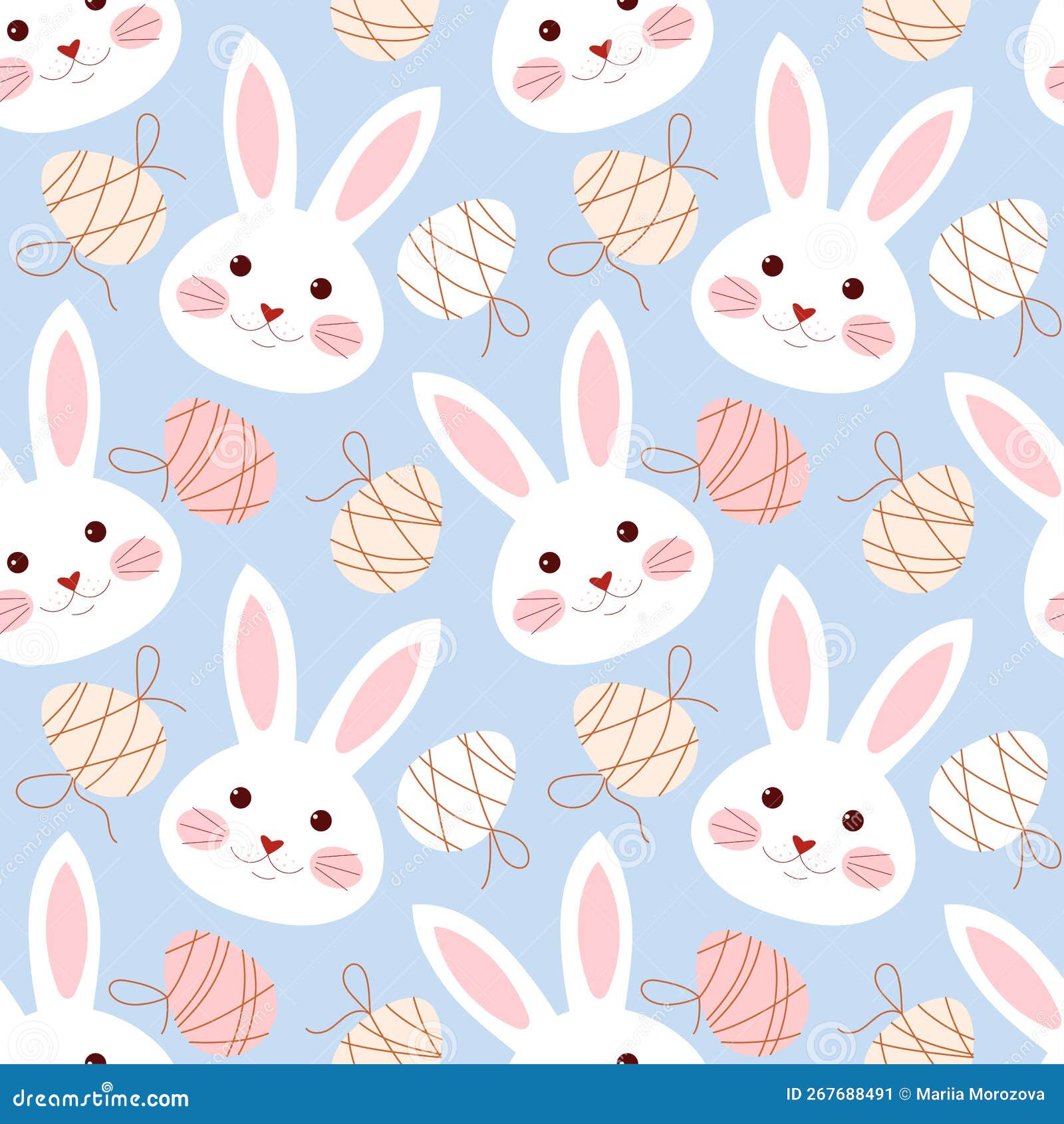 Seamless Pattern with Bunny Faces and Eggs on Blue Background Stock ...