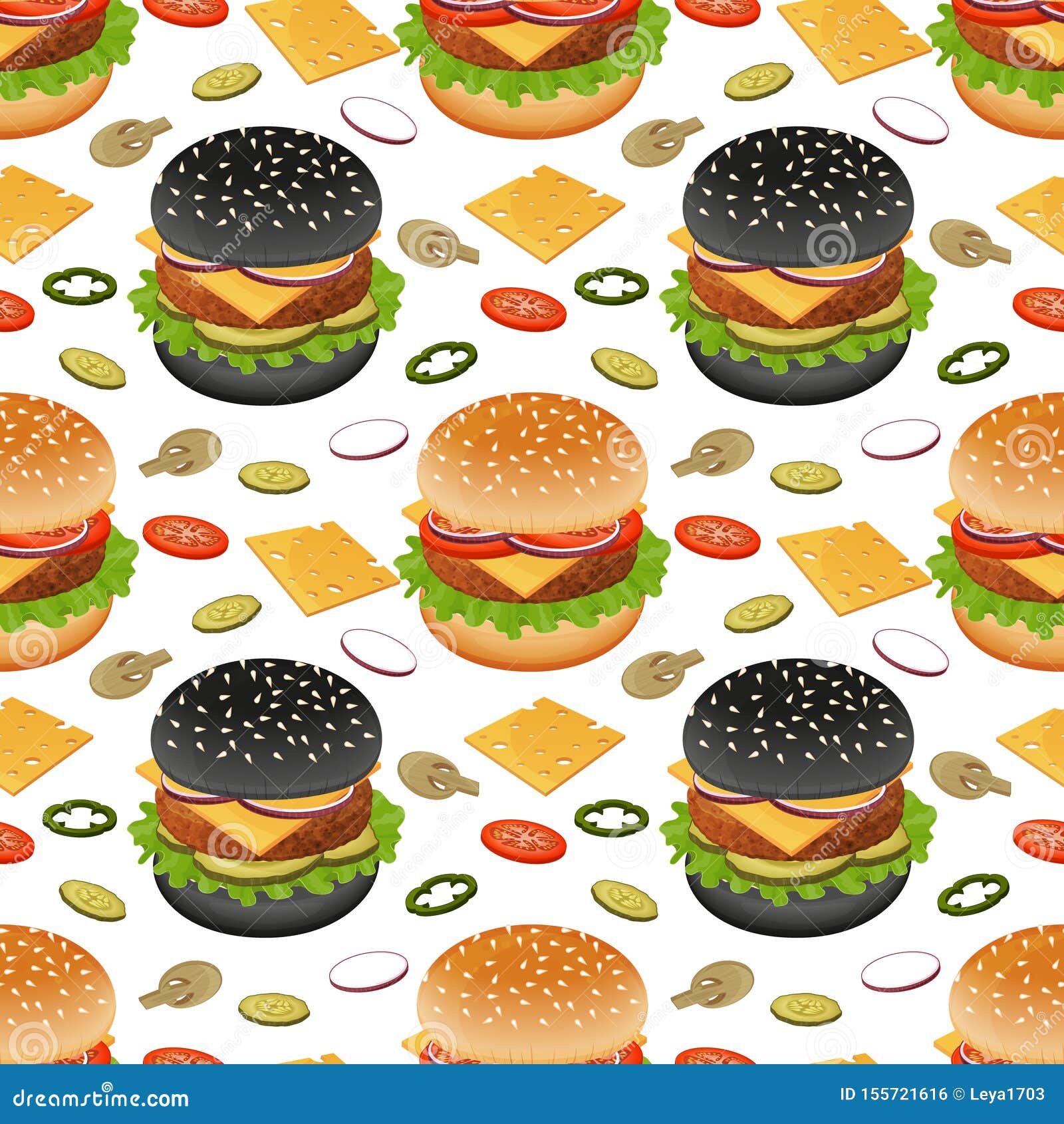 Seamless Pattern Burgers and Ingredients on White Stock Vector ...