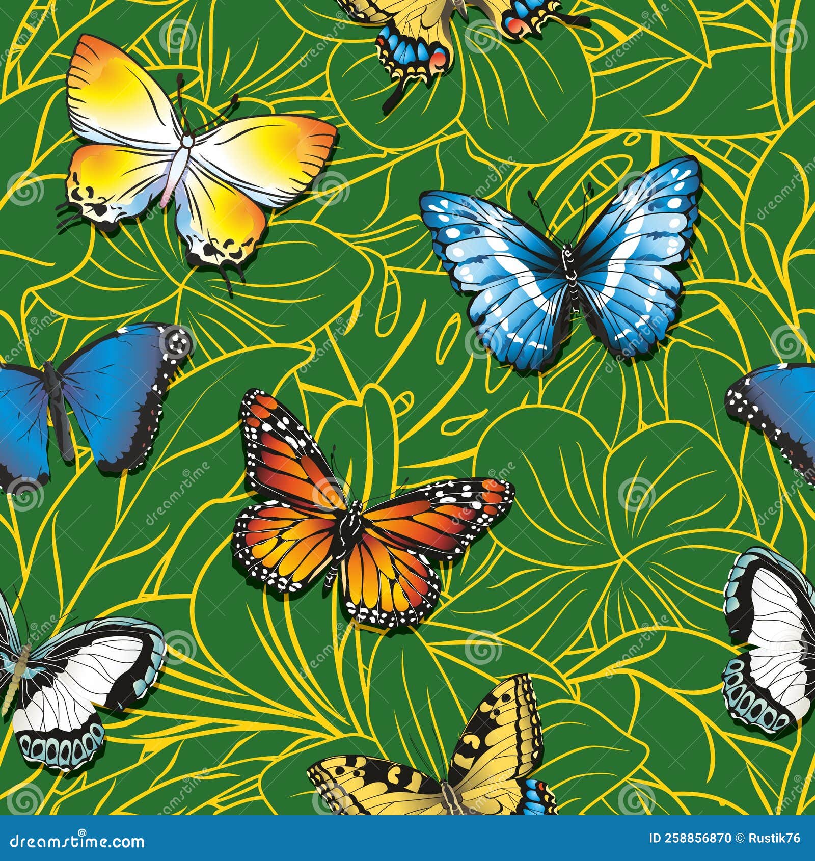Seamless Pattern with Butterflies on an Abstract Floral Green ...