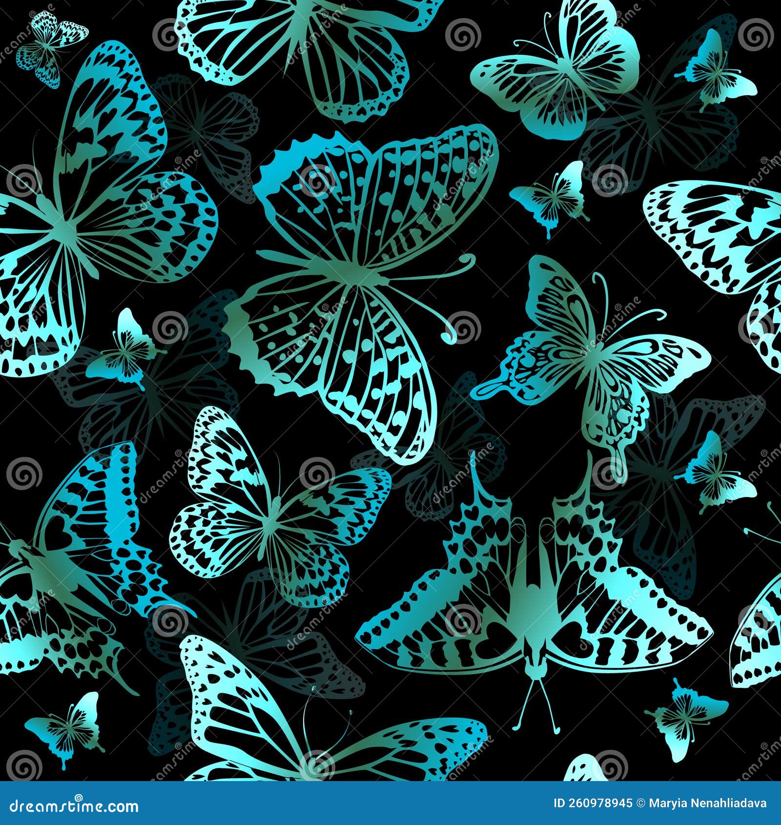 Seamless Pattern Butterflies Blue on a Black Background. Vector ...