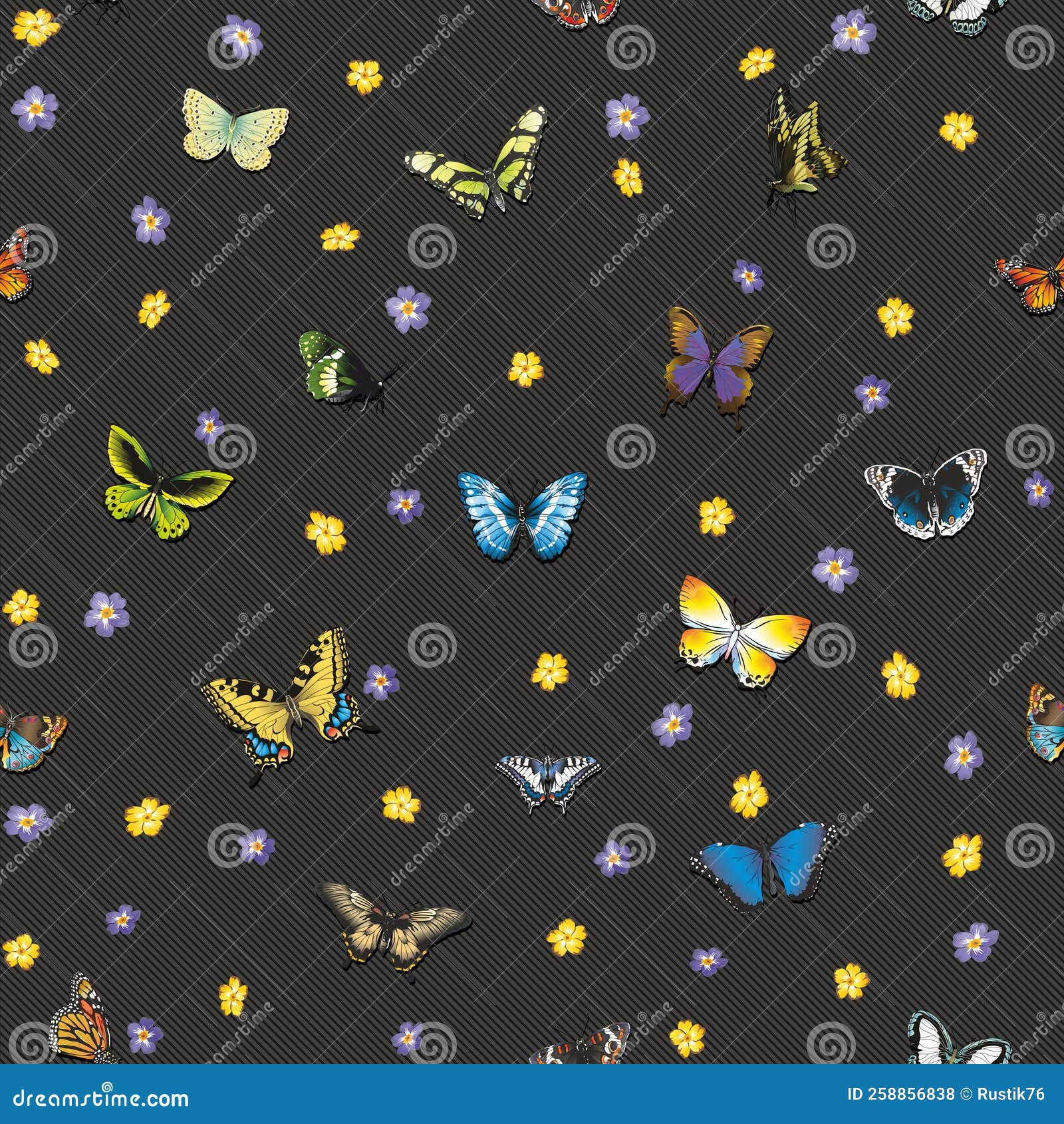 Seamless Pattern with Butterflies and Flowers on a Striped Black ...