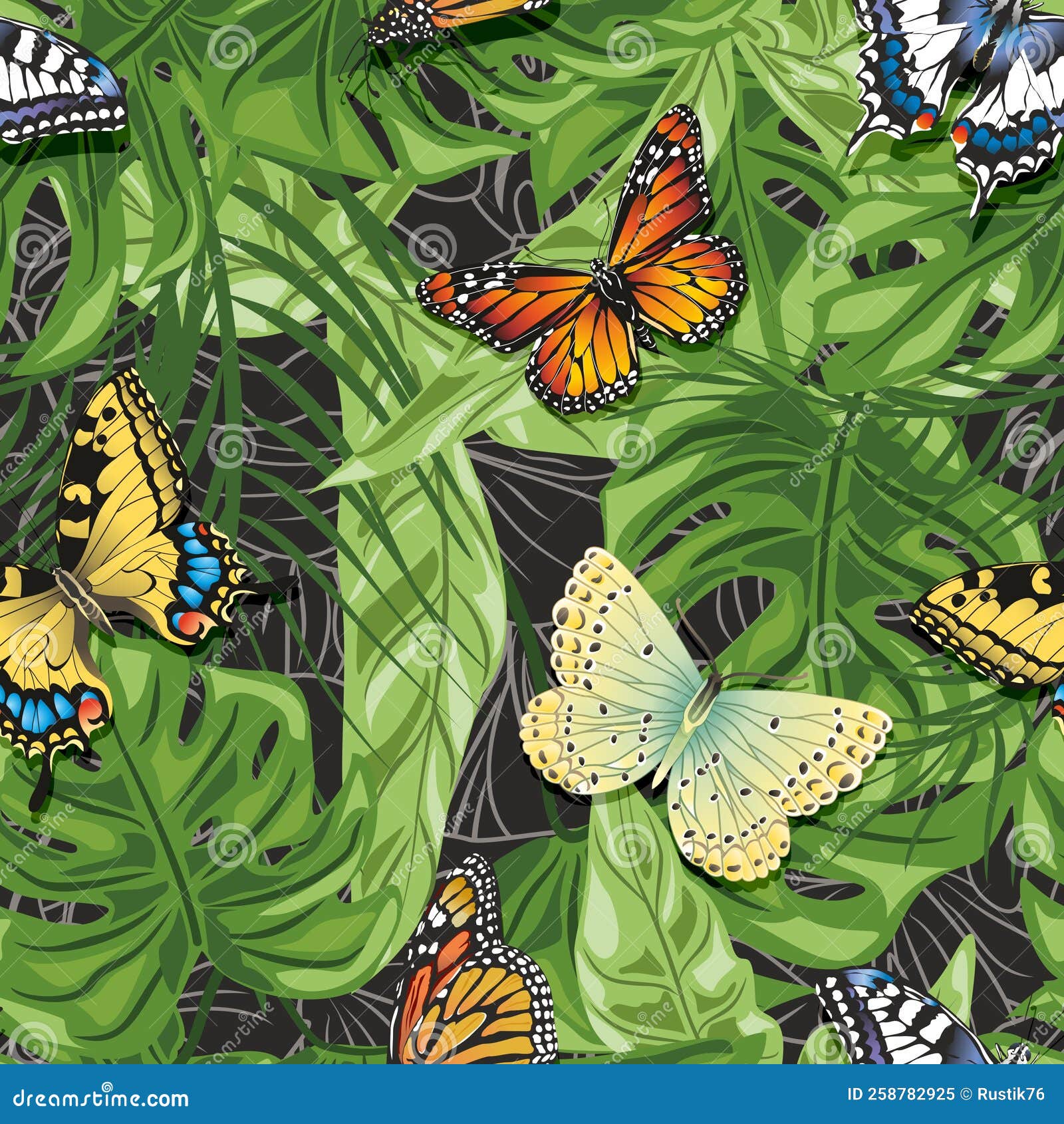 Seamless Pattern with Butterflies and Tropical Leaves on a Black ...