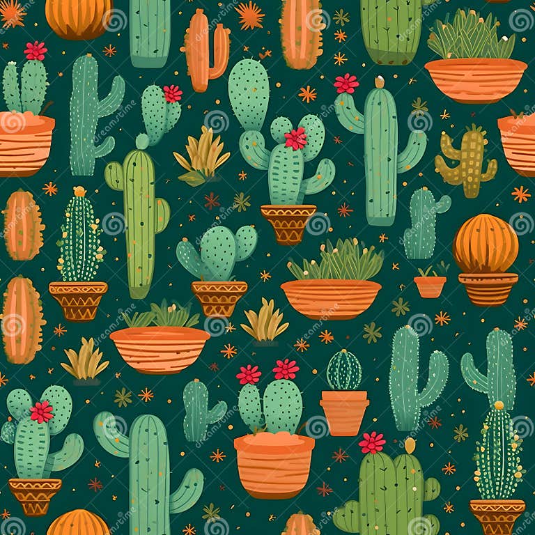 Seamless Pattern with Cacti. Cactuses in Pots Stock Vector - Illustration of texture, graphic ...