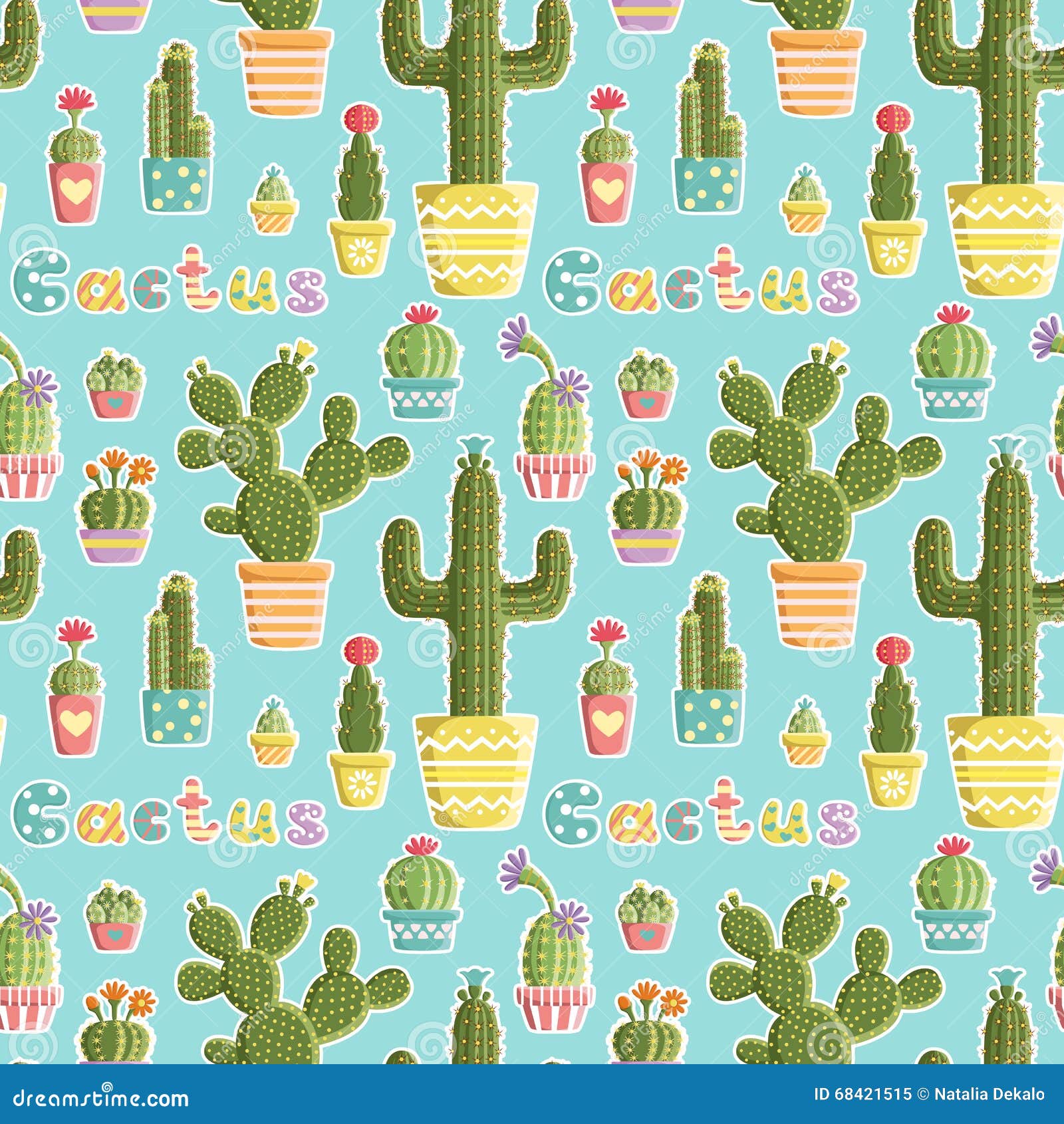 Seamless Pattern with Cacti in Pots of Different Shapes and Colors ...