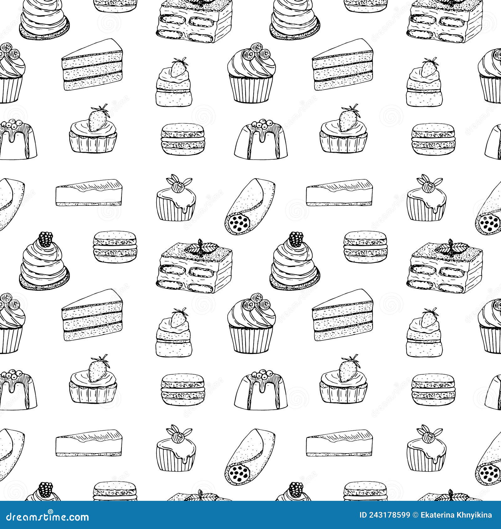 Seamless Pattern Cakes Vector Illustration, Hand Drawing Sketch Stock ...