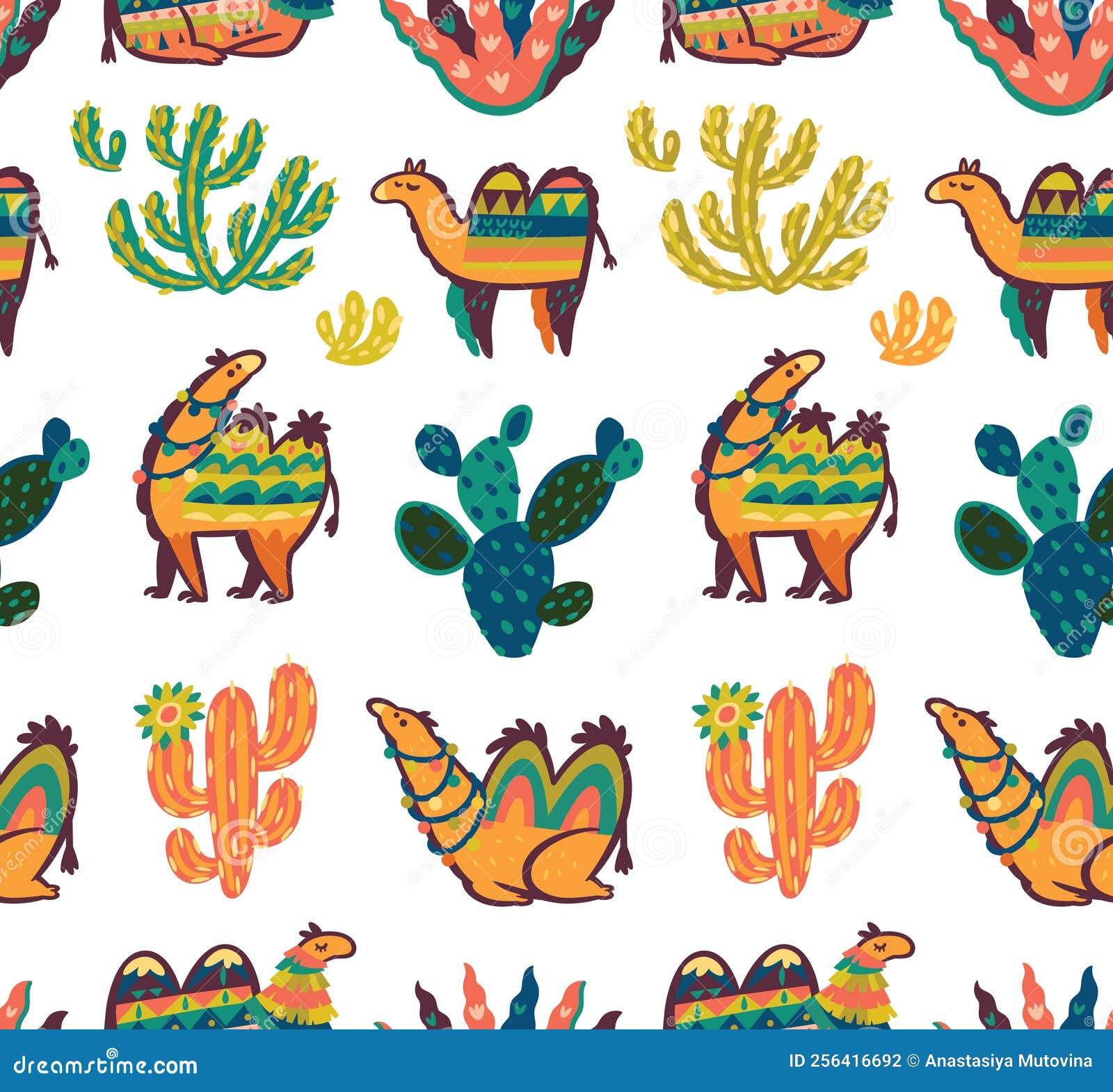 Seamless Pattern of Camels and Cactuses in Decorative Style. Vector ...