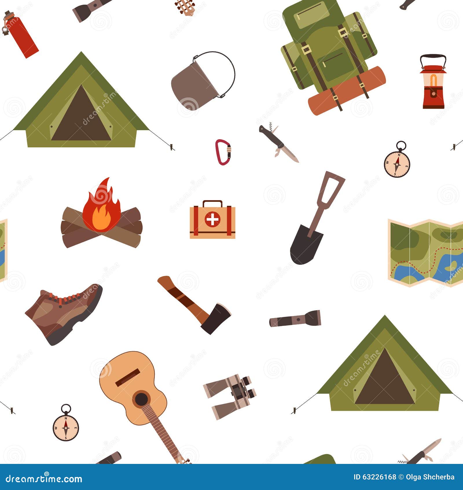 Seamless Pattern Camping Equipment Symbols Stock Vector - Illustration ...