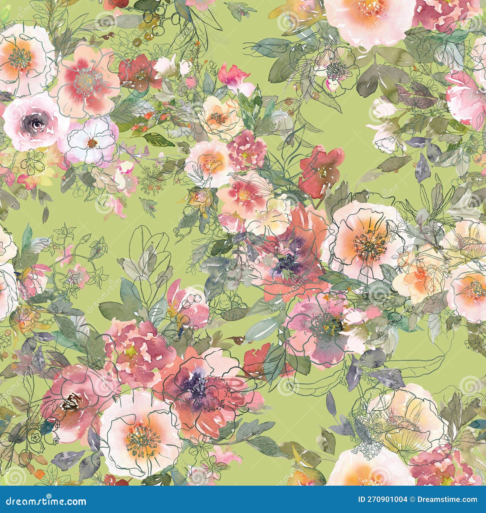 Seamless Repeating Pattern Hand-drawn Floral Flower Blossom Stock ...