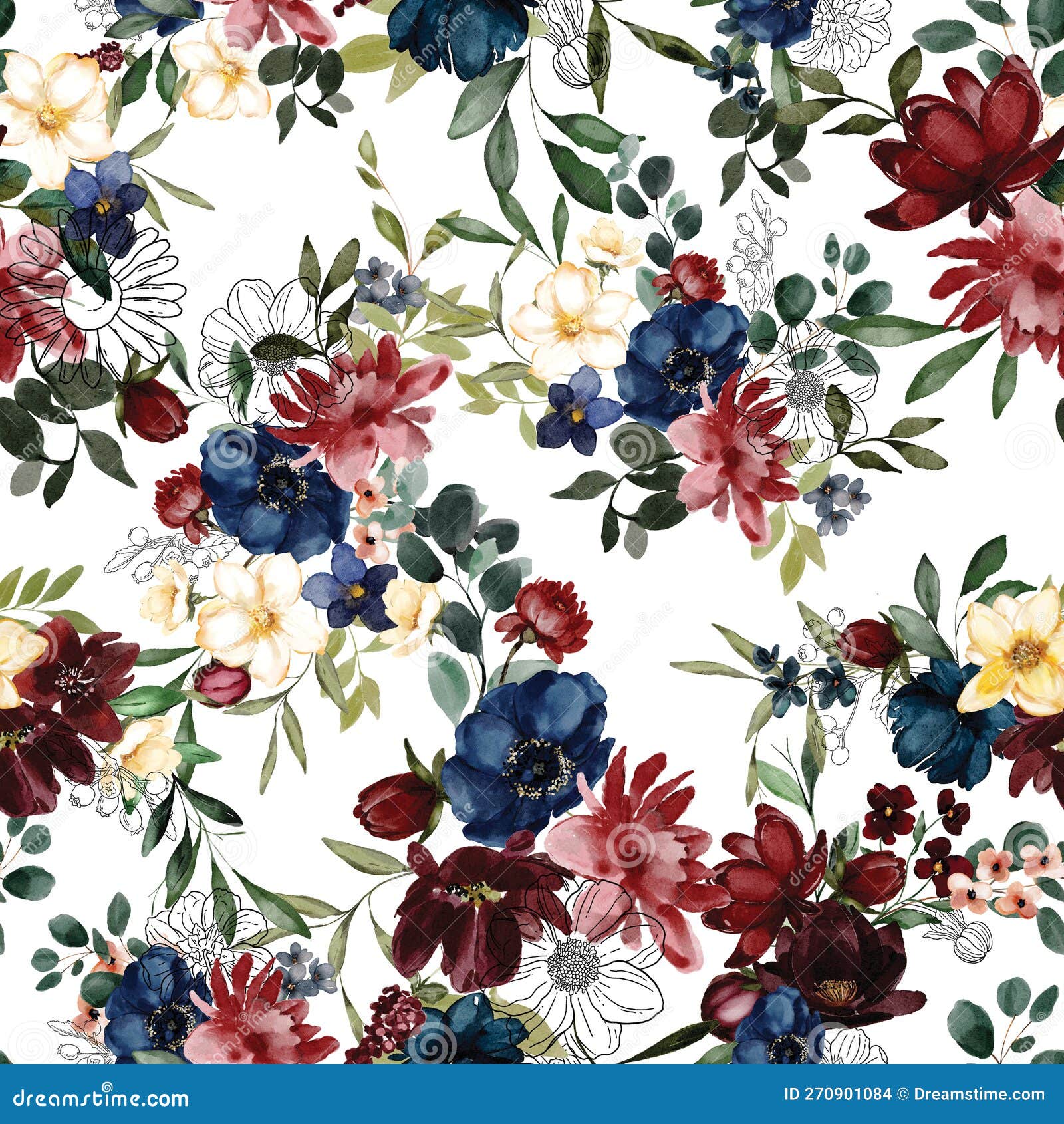 Seamless Repeating Pattern Hand-drawn Floral Flower Blossom Stock ...