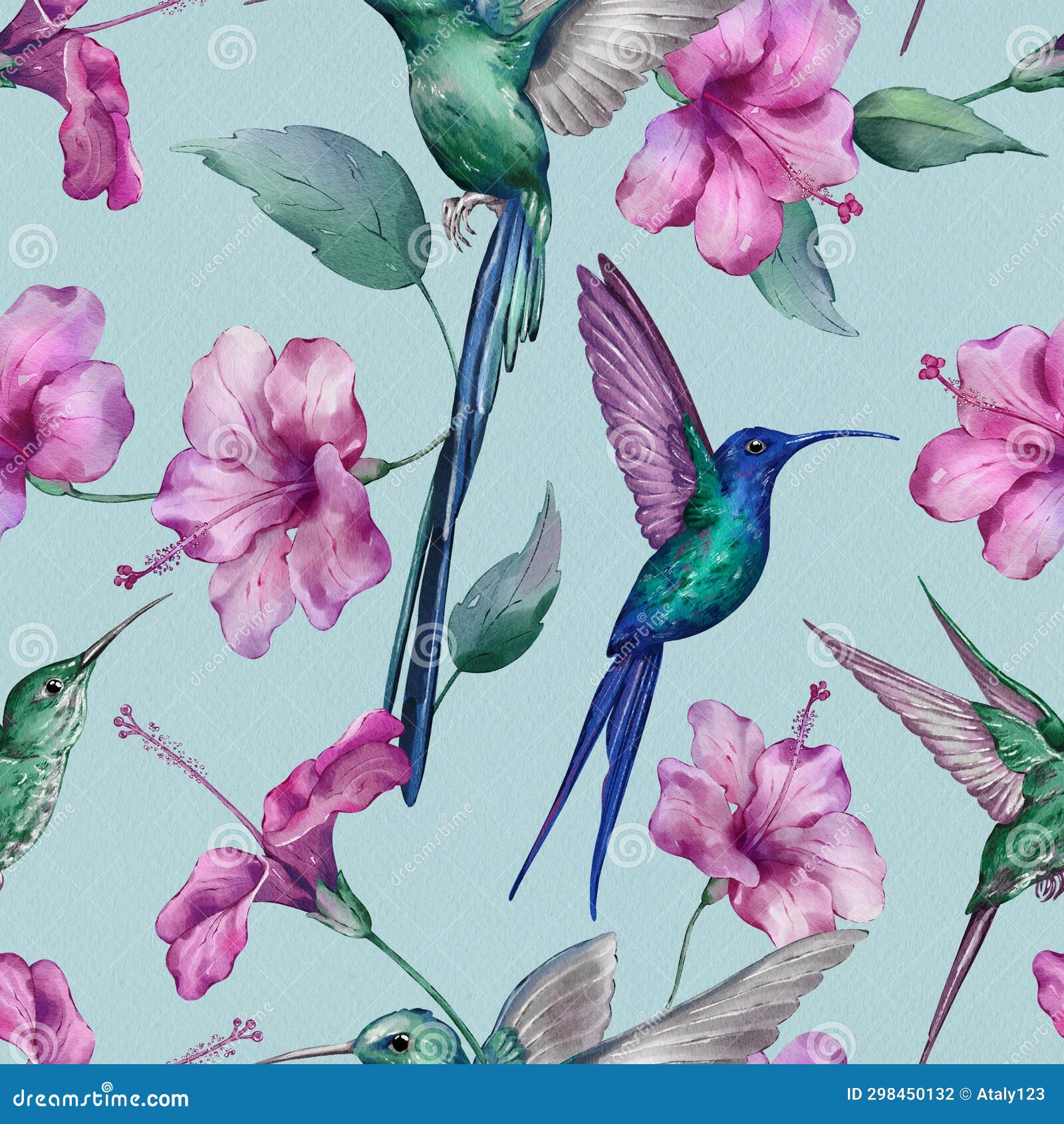 Seamless Pattern with Hummingbirds Hand-drawn Painted in Watercolor ...
