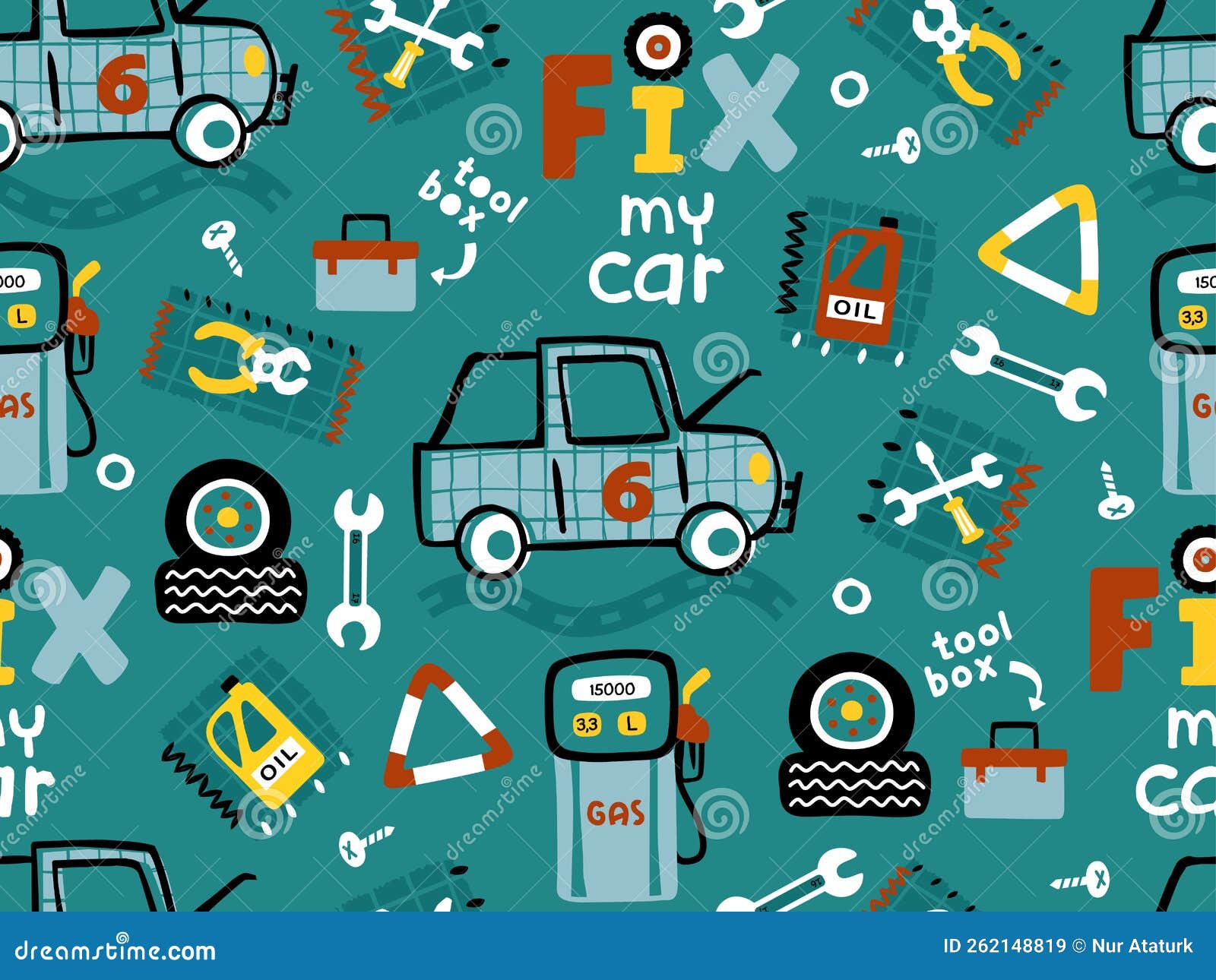 Seamless Pattern of Car Mechanic Tools, Automotive Elements Cartoon ...