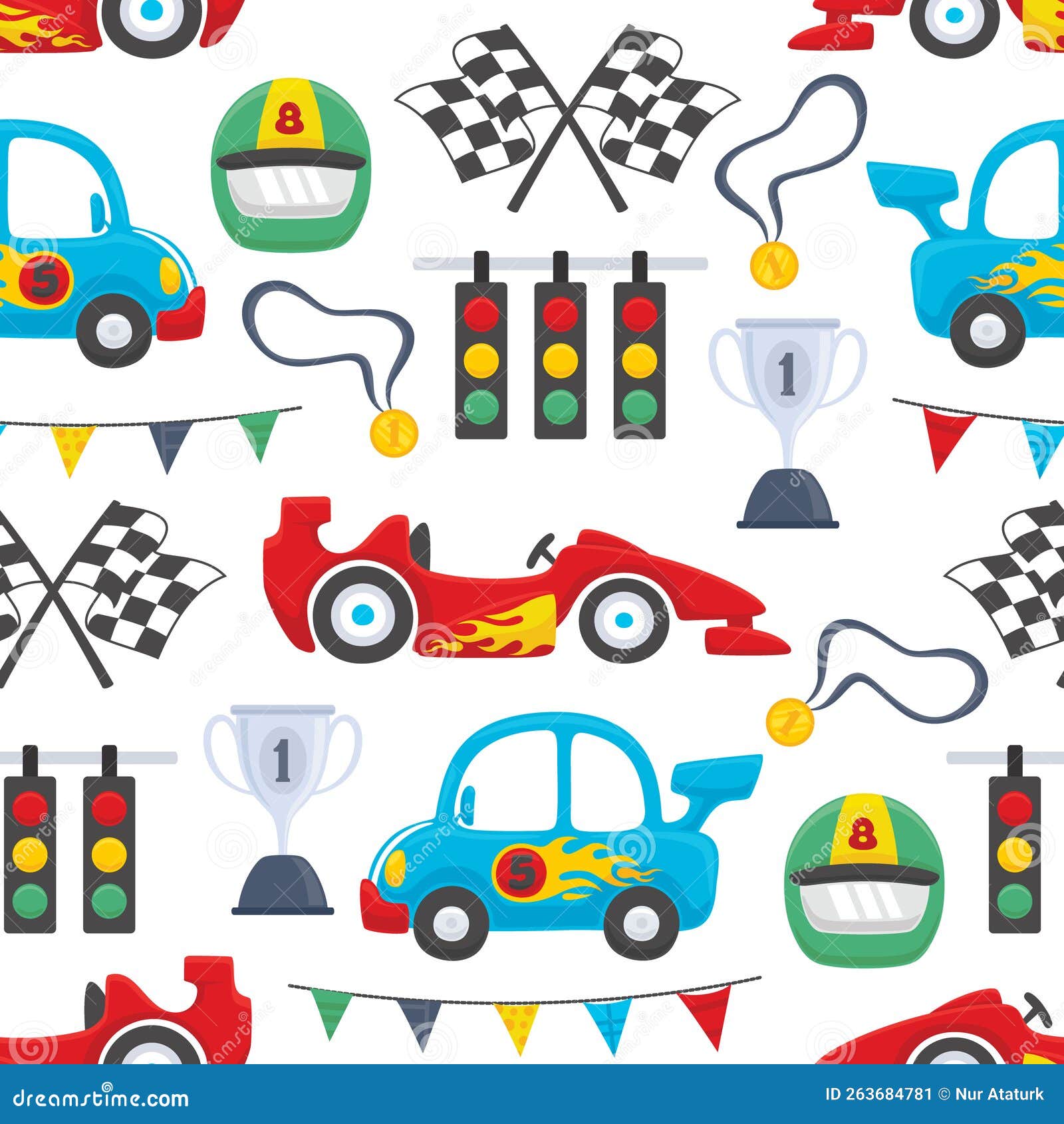 Seamless Pattern of Car Racing Elements Cartoon Vector Stock Vector ...