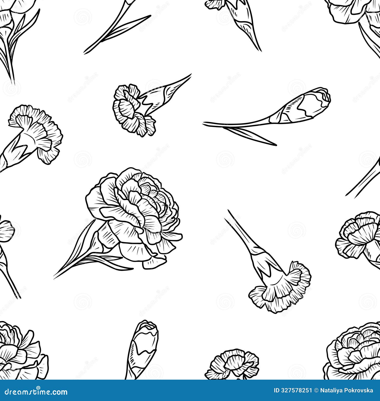 Seamless Pattern with Carnation Flowers and Buds in Black on White ...