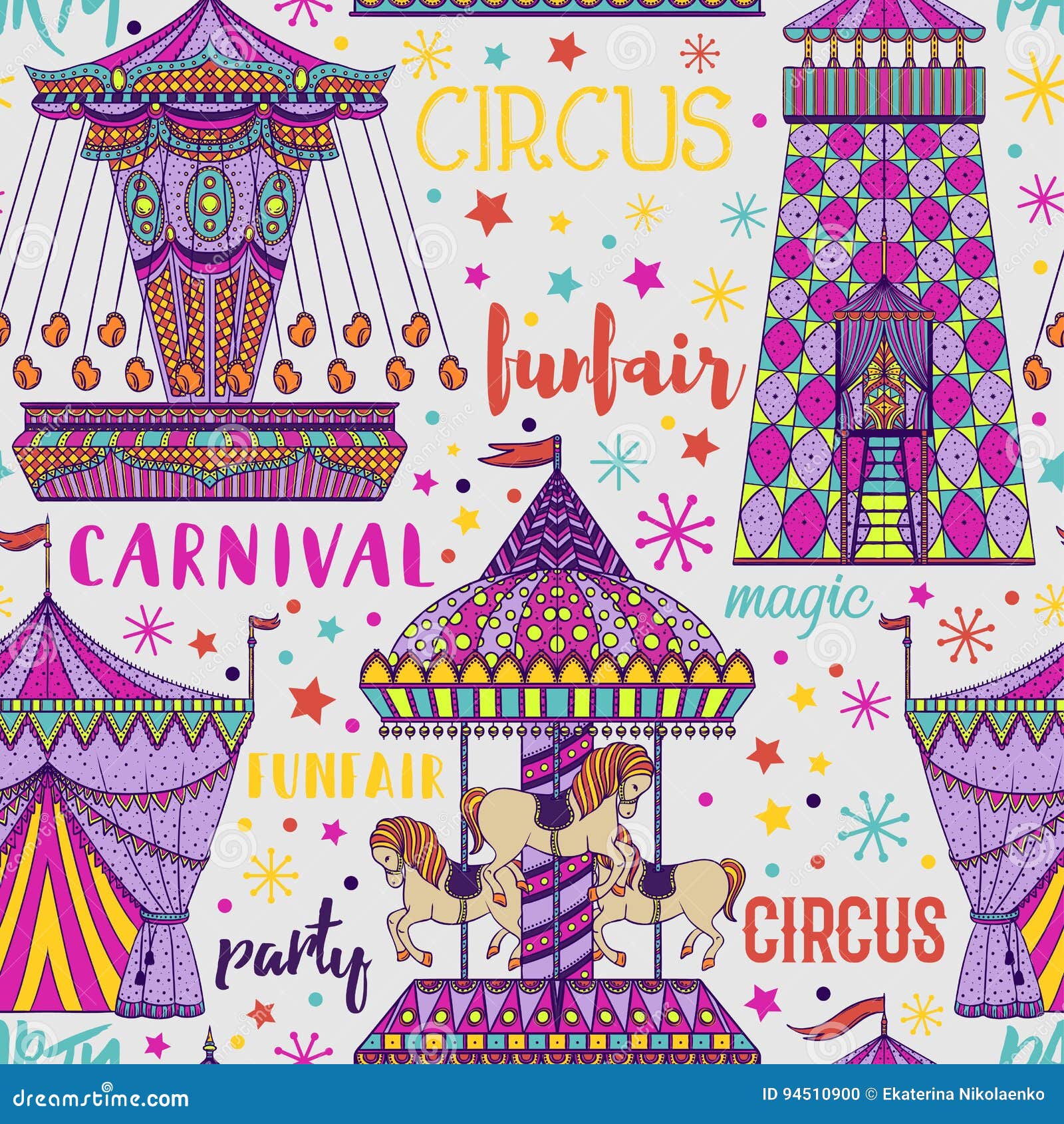 Seamless Pattern with Carousel and Tent. Circus Theme Stock Vector ...