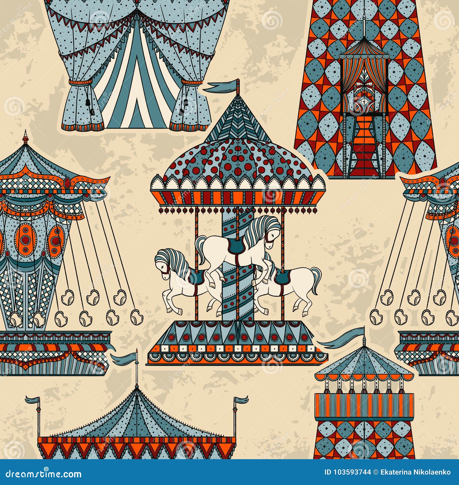 Seamless Pattern With Carousel And Tent. Funfair Theme. Vector ...