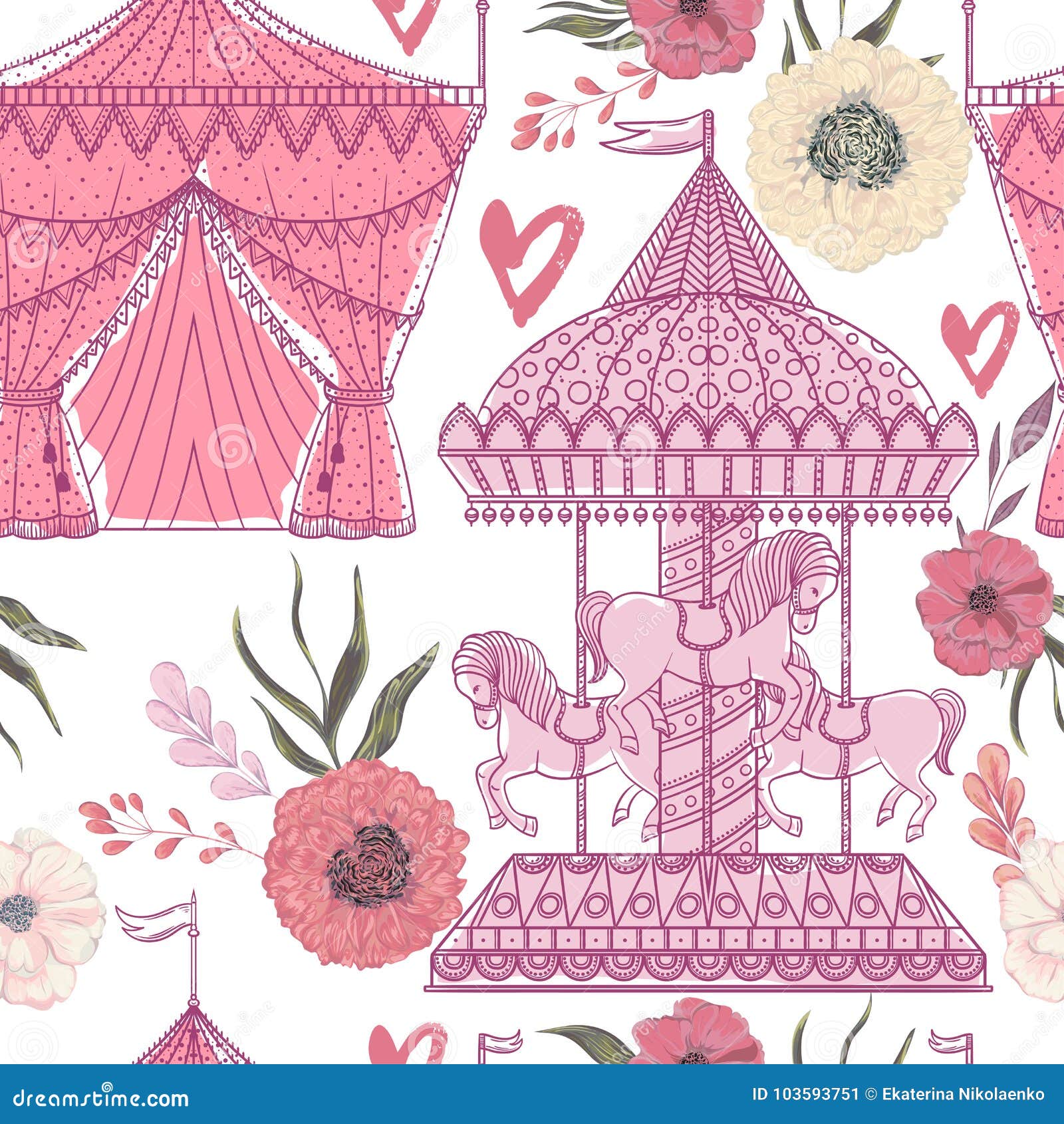 Seamless Pattern with Carousel, Tent, Hearts and Floral Elements on ...
