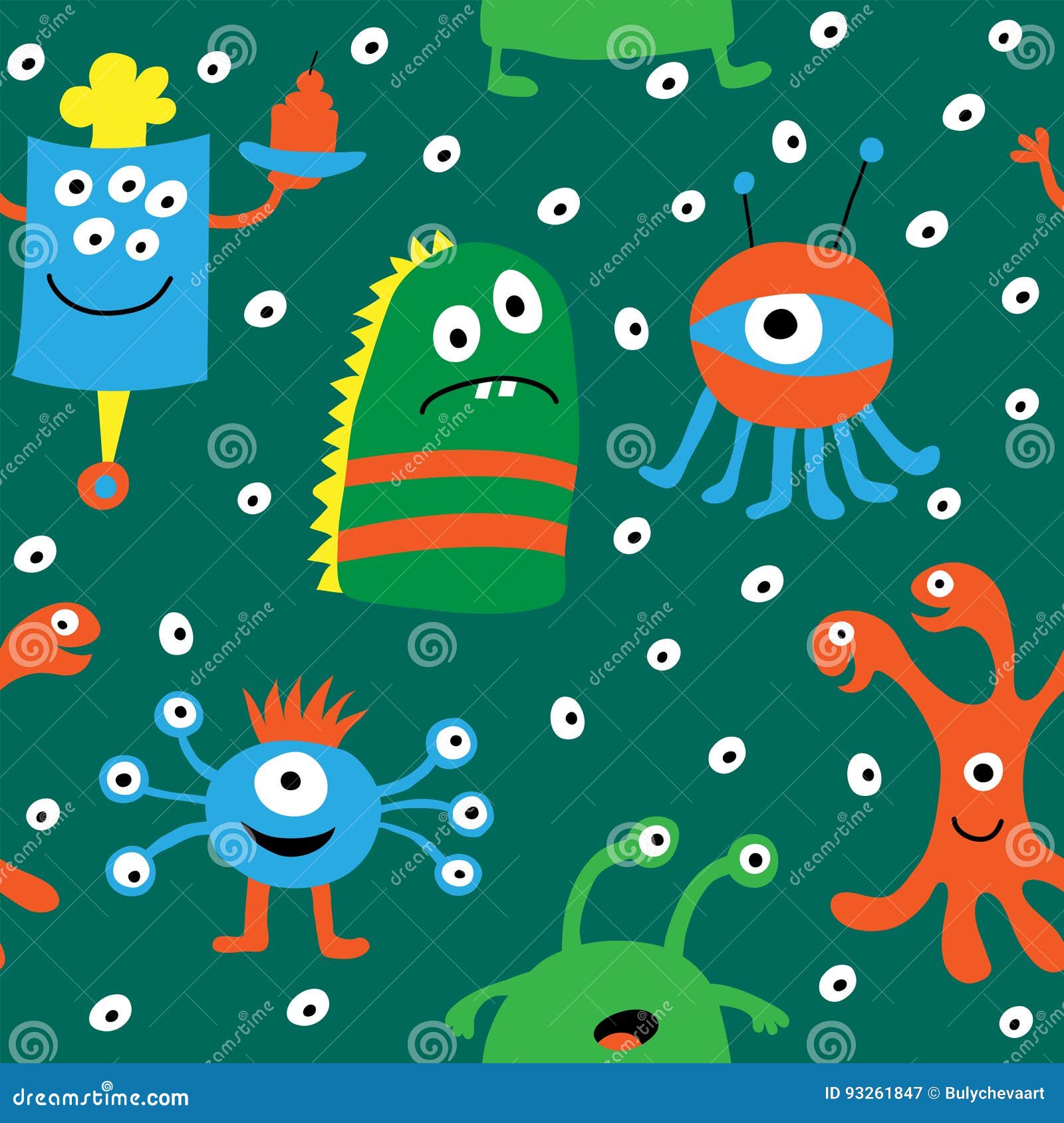 Seamless Pattern With Cartoon Aliens On A Green Background ...