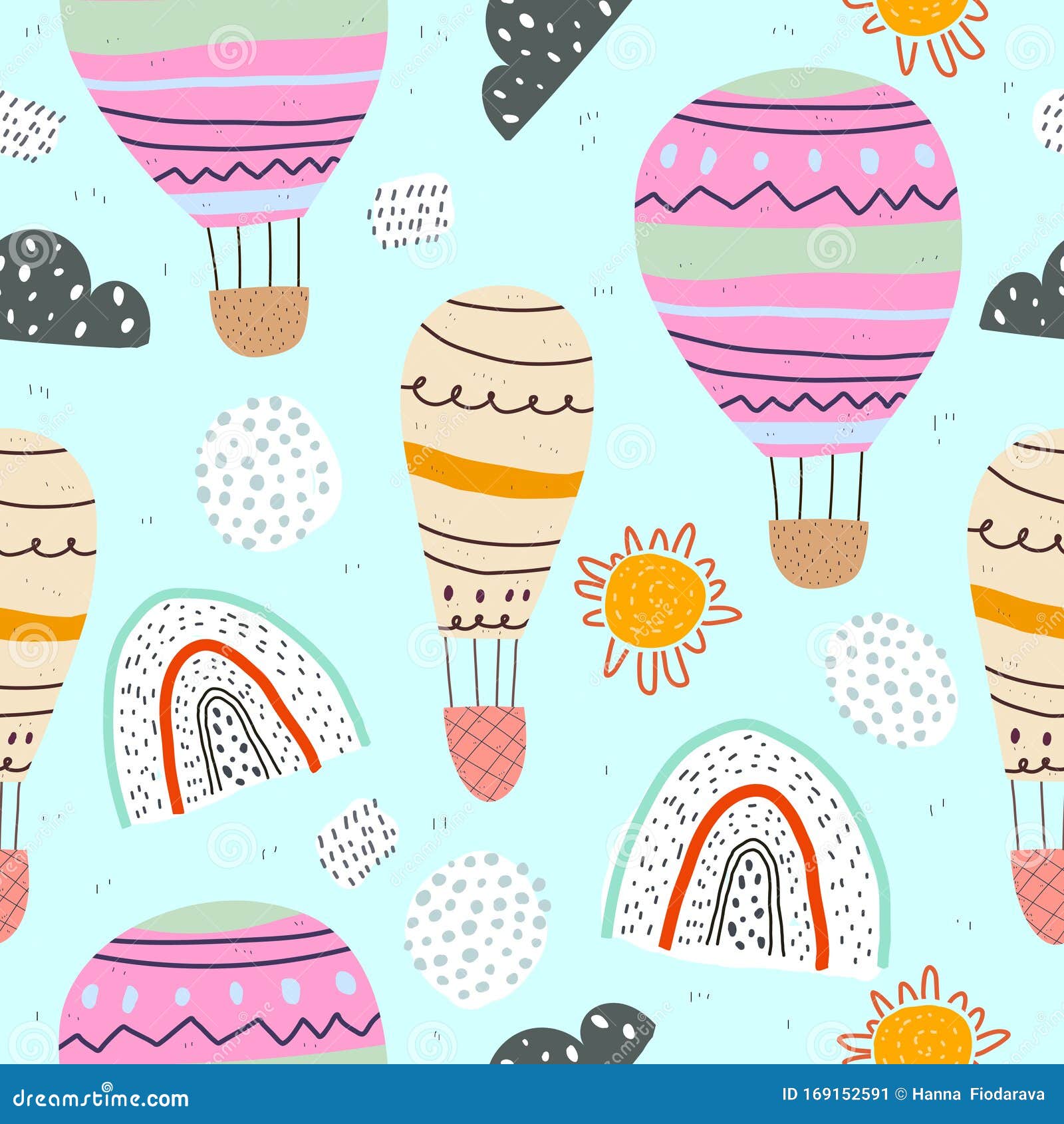 Seamless Pattern with Cartoon Balloons, Clouds, Rainbows, Decor ...