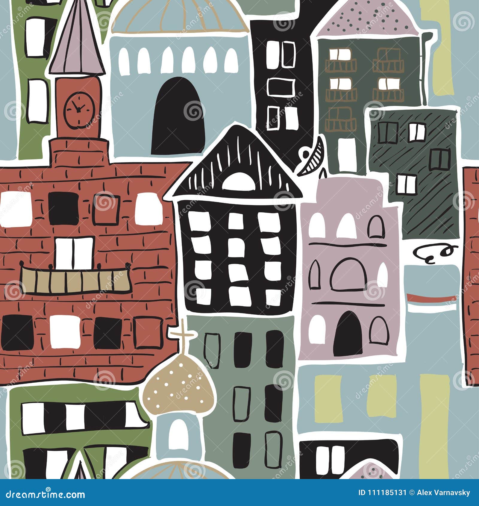 Seamless Pattern with Cartoon Street. Vector Illustration. Stock Vector ...