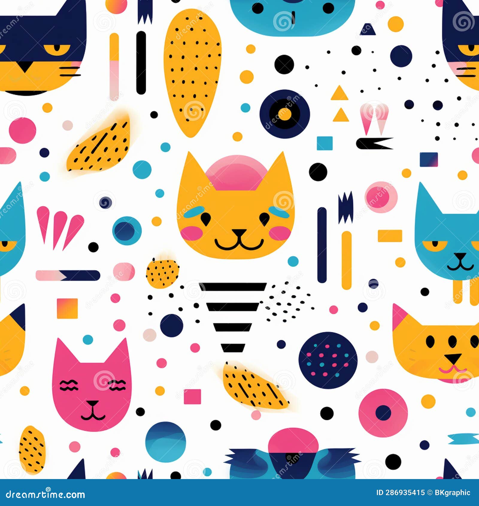 Seamless Pattern with Cartoon Cat, Geometric Shape on White Background ...