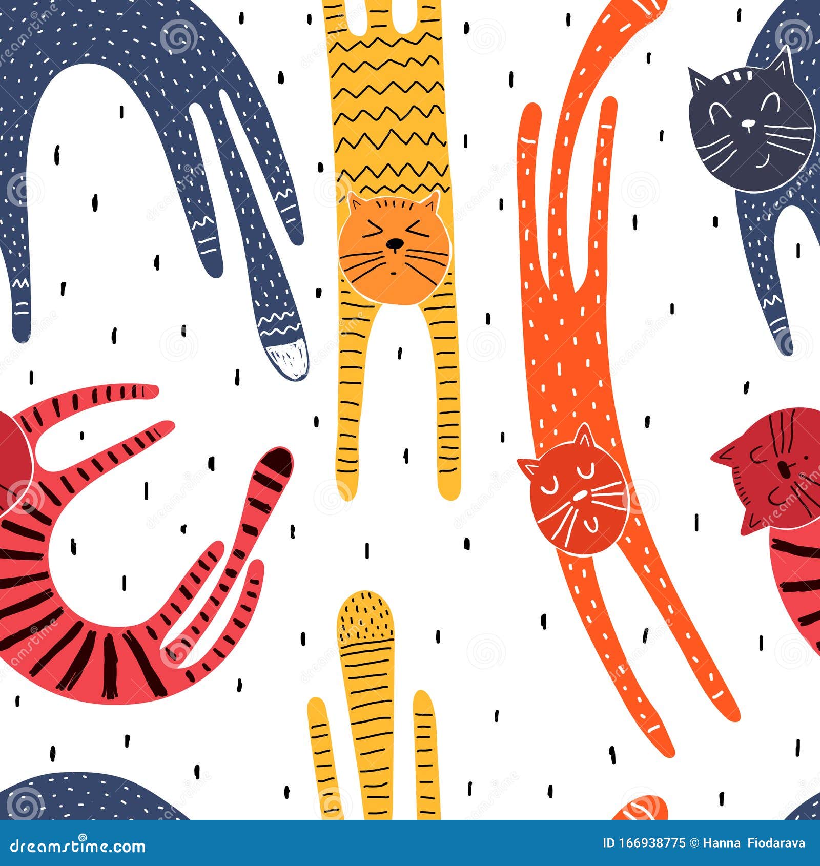 Seamless Pattern with Cartoon Cats, Decor Elements. Colorful Flat ...