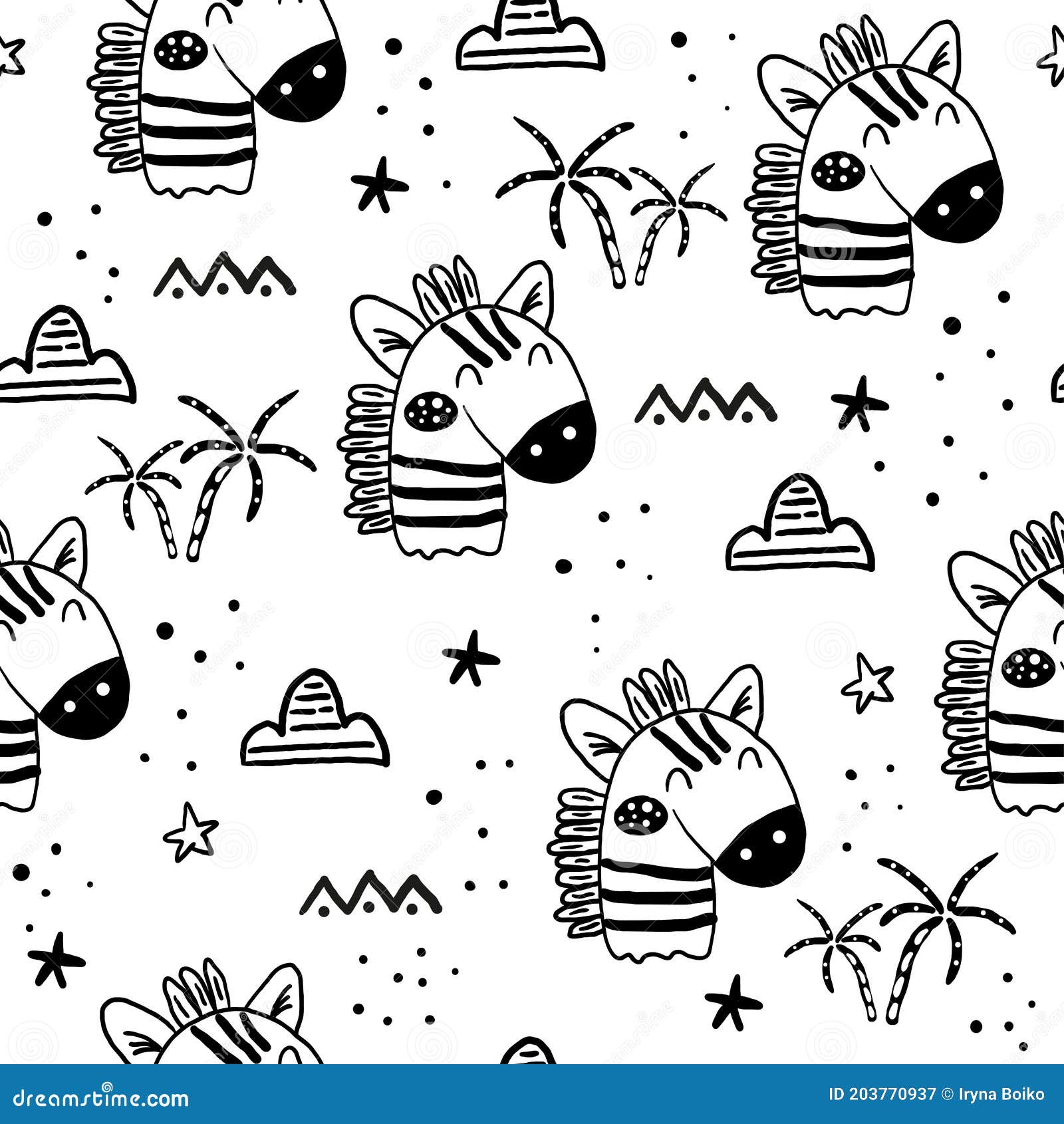 Seamless Pattern with Cartoon Characters Scandinavian Zebra. Hand Drawn ...