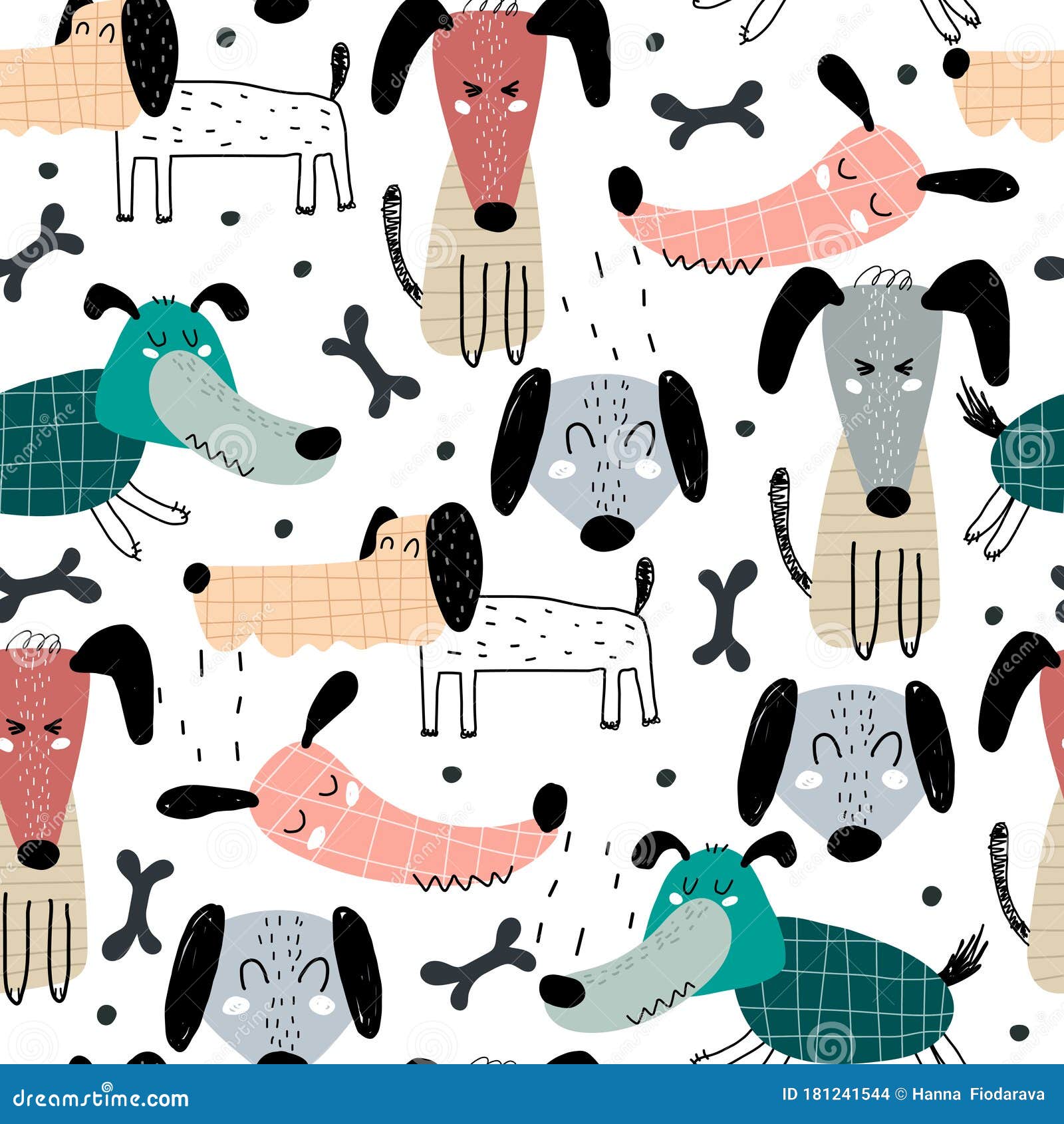 Seamless Pattern with Cartoon Dogs, Decor Elements. Colorful Vector for ...