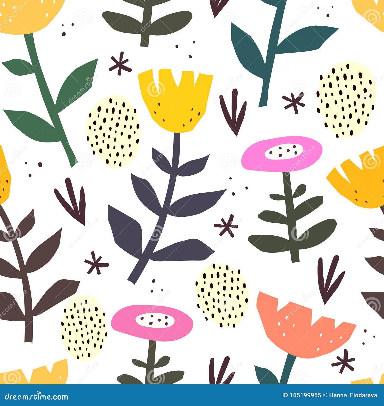 Seamless Pattern with Cartoon Flowers, Decor Elements. Flat Vector ...