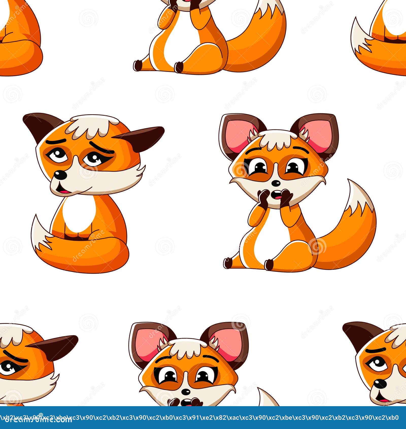 Seamless Pattern of Cartoon Foxes with Different Emotions. Fox ...