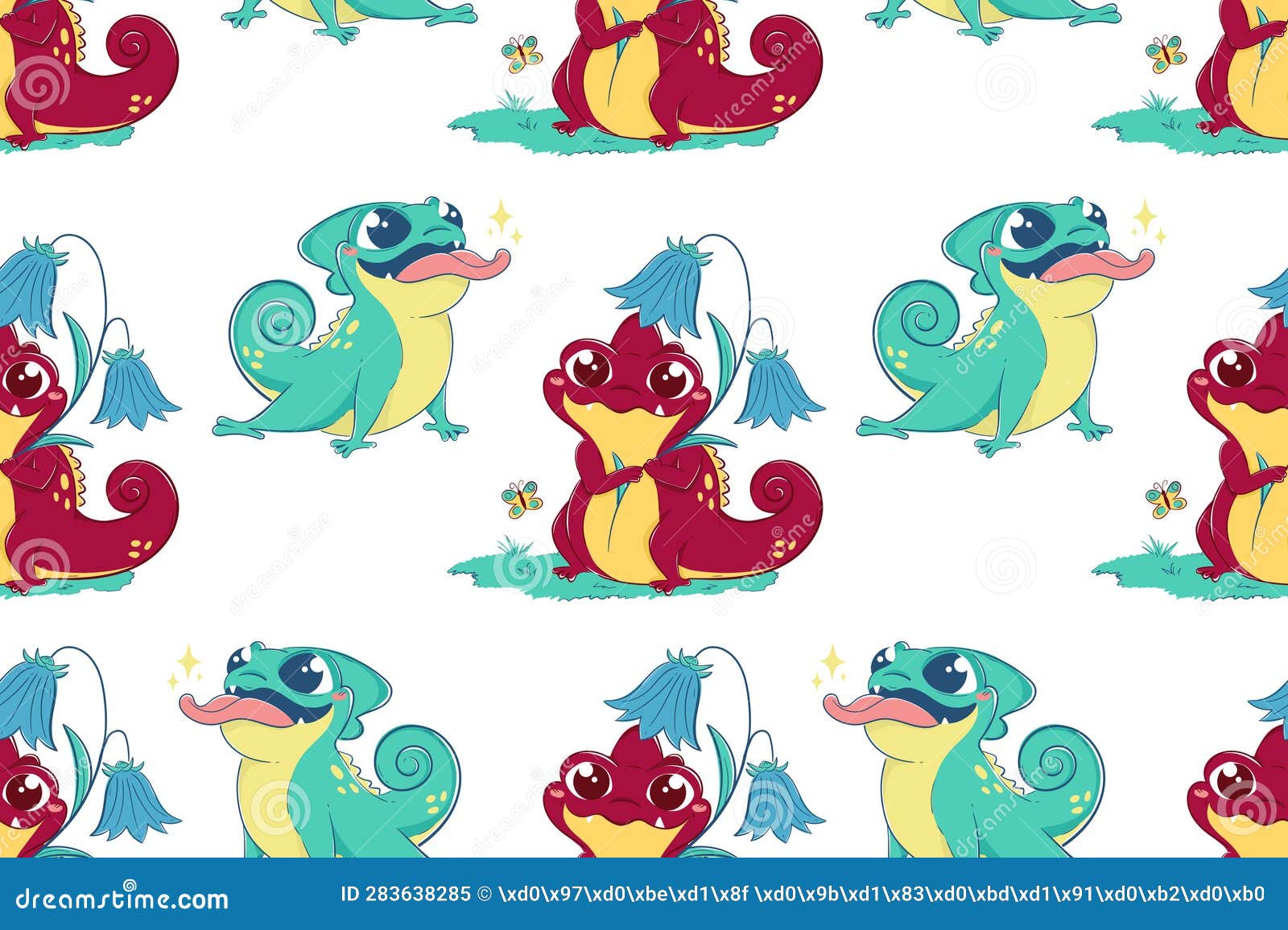 Seamless Pattern with Cartoon Funny Lizards. Vector Illustration of ...