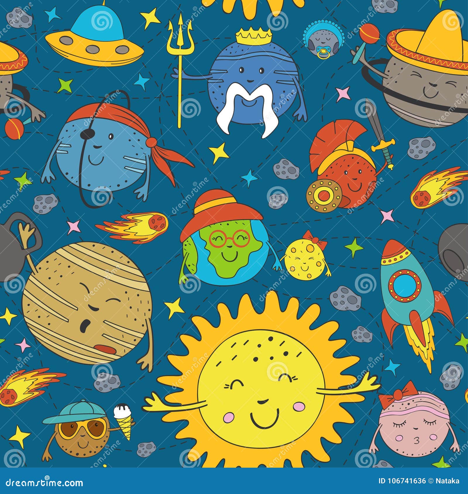 Seamless Pattern with Cartoon Funny Solar System Stock Vector ...